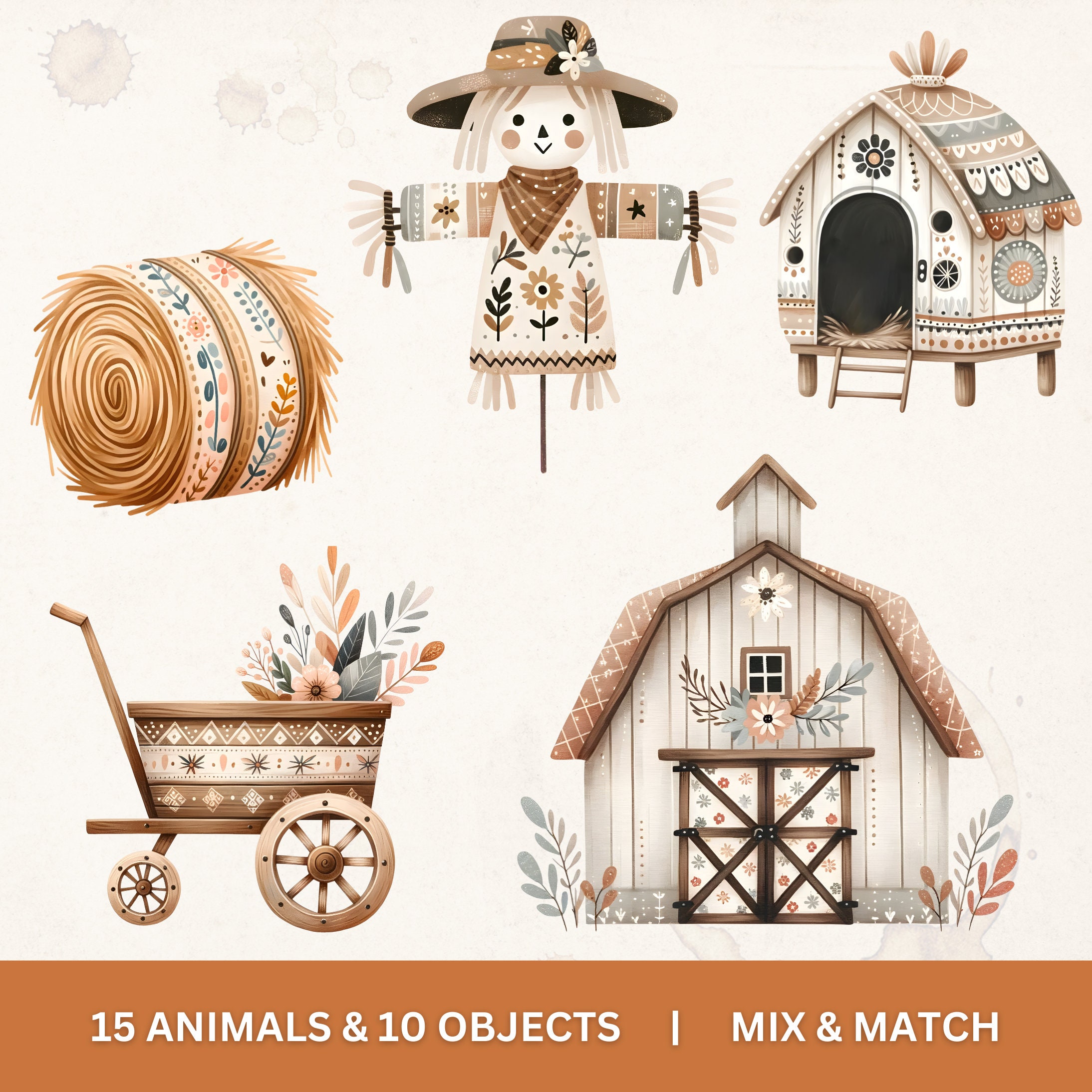 Boho Farm Animal PNG Bundle Clipart Cute and Sweet Whimsy Watercolor ...