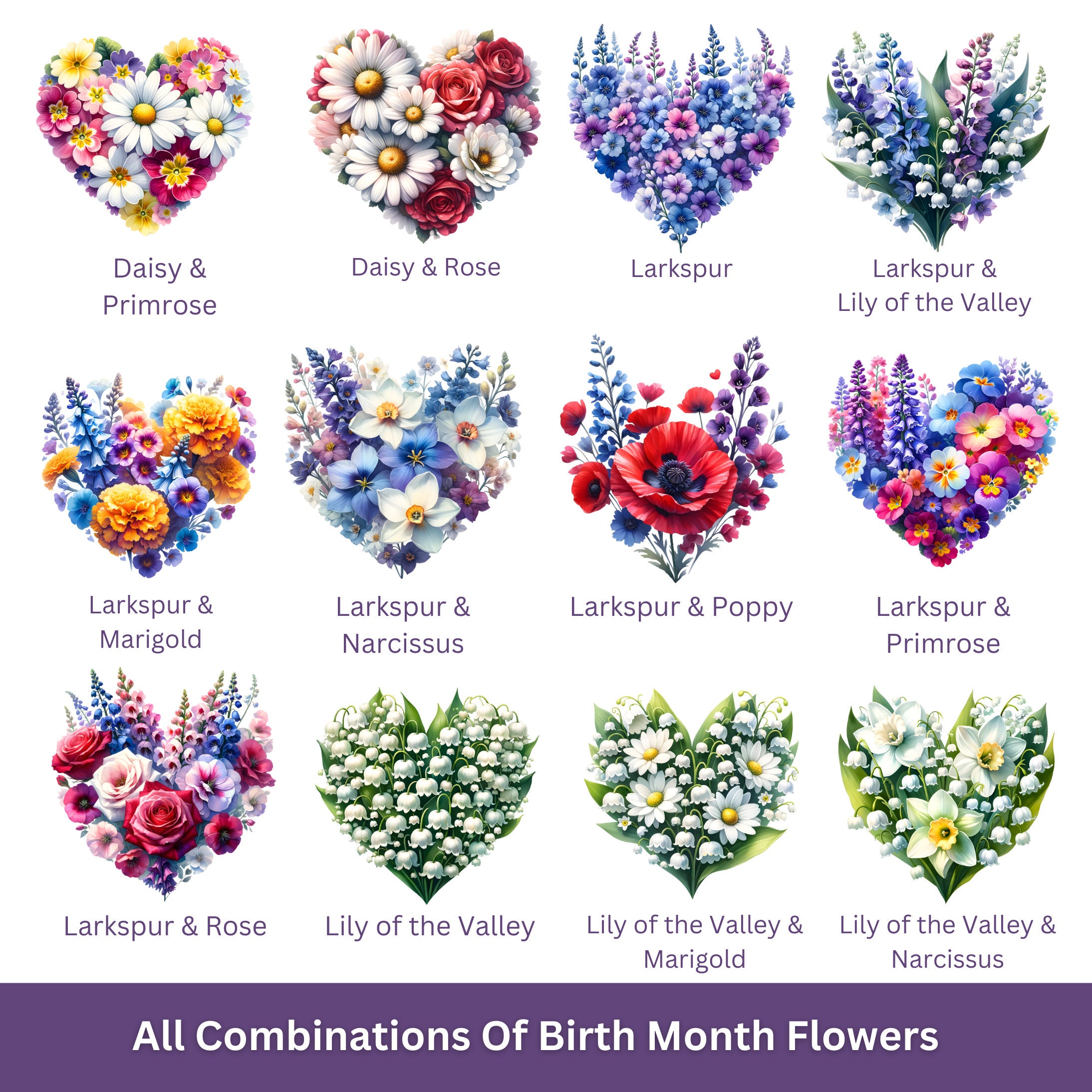 Birth Month Flower Heart PNG Clipart Bundle - Birth Month Flower ...