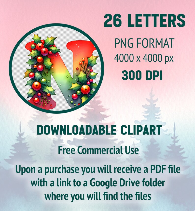 Christmas Watercolor Alphabet Clipart Downloadable - Etsy