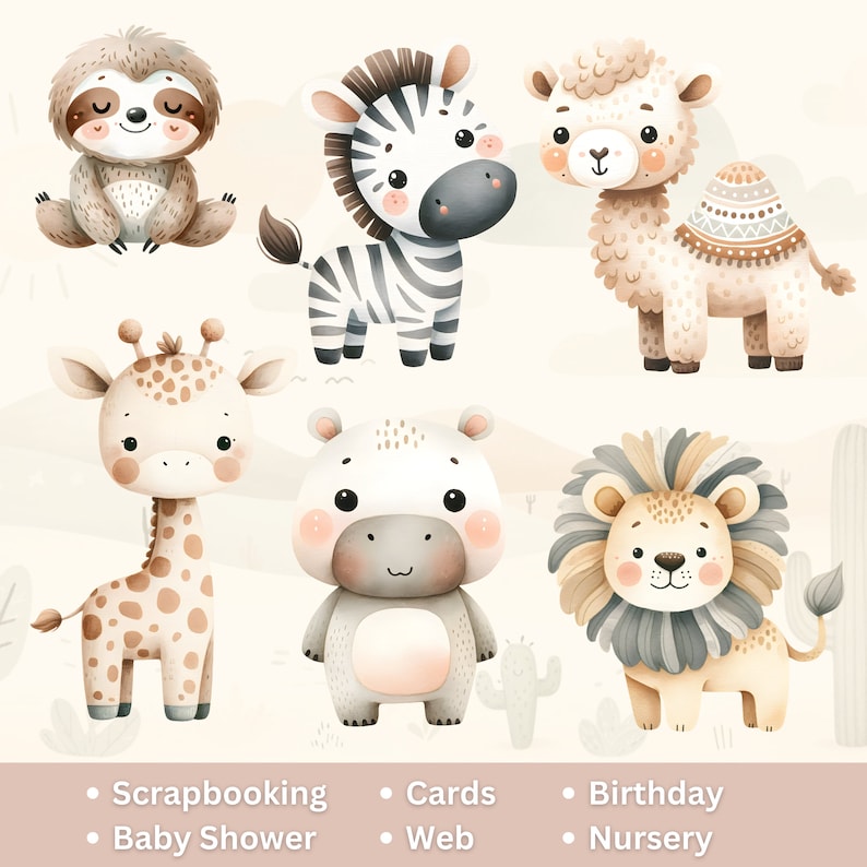 Safari Baby Animals PNG Bundle Watercolor Cute Jungle Clipart, Baby ...