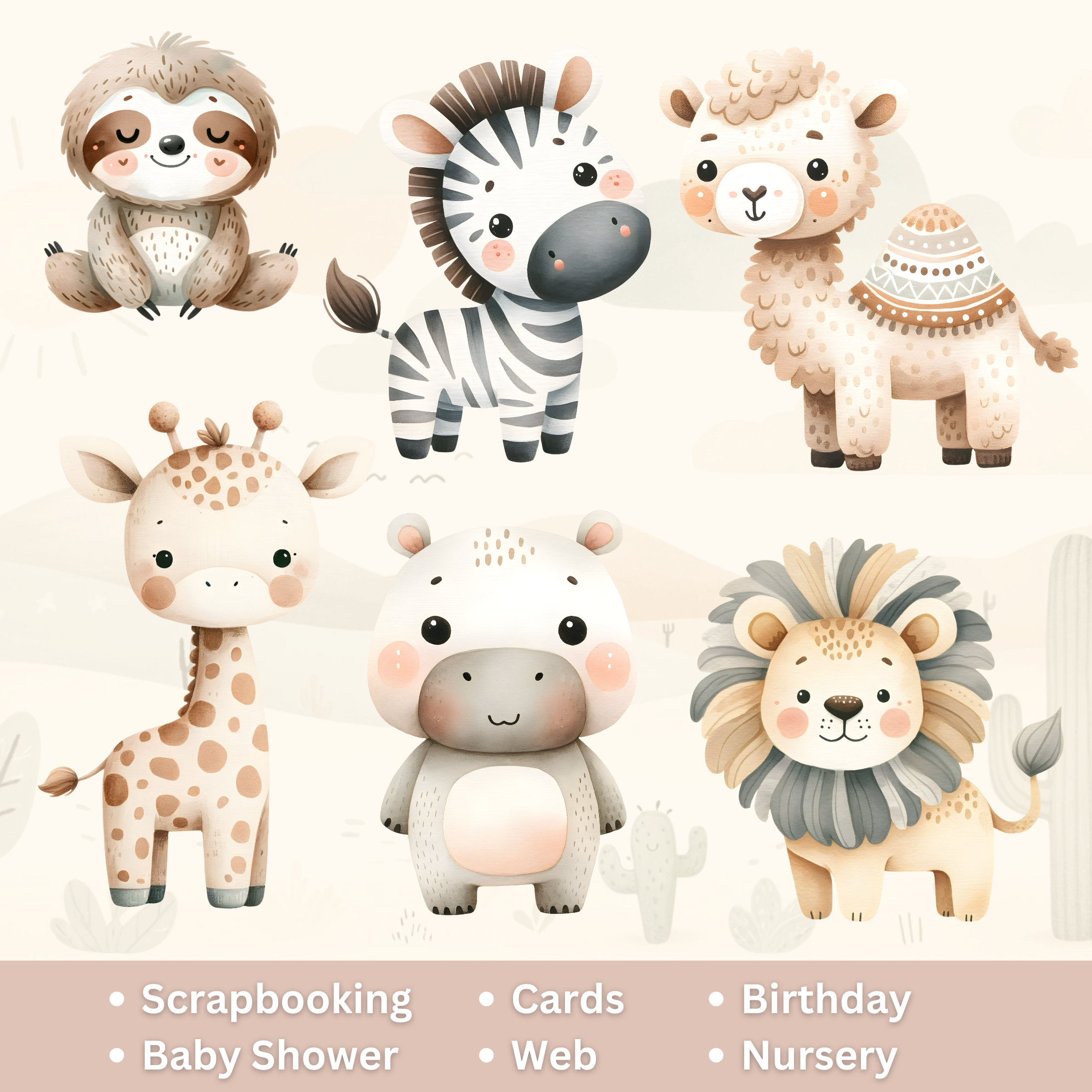 Safari Baby Animals PNG Bundle Watercolor Cute Jungle Clipart, Baby ...