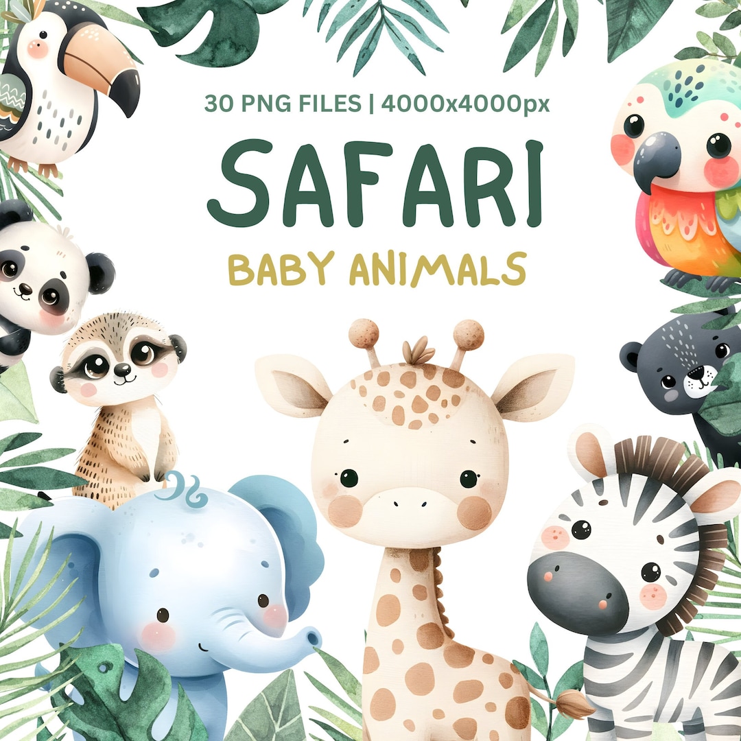 Safari Baby Animals PNG Bundle - Watercolor Cute Jungle Clipart, Baby ...