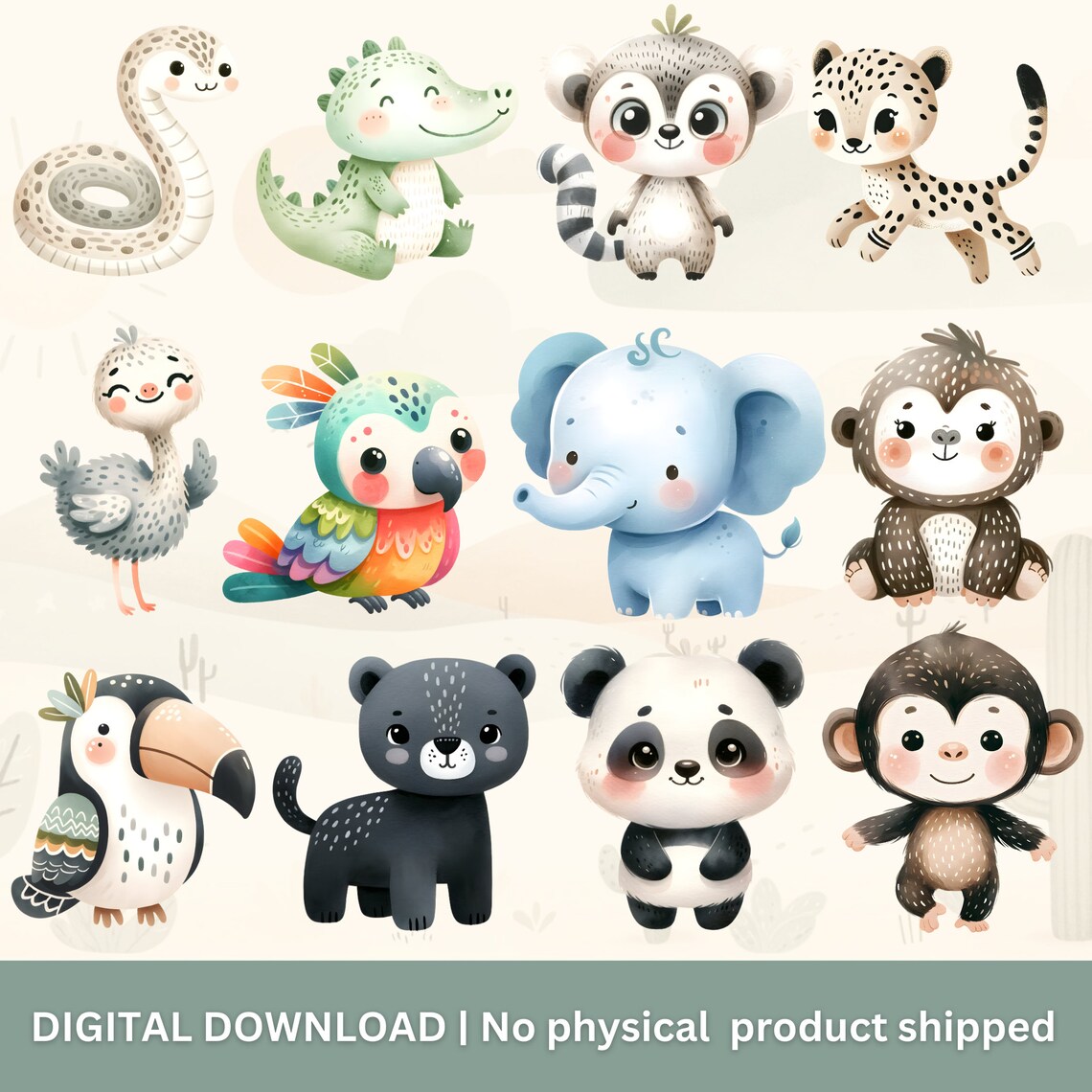 Safari Baby Animals PNG Bundle Watercolor Cute Jungle Clipart, Baby ...