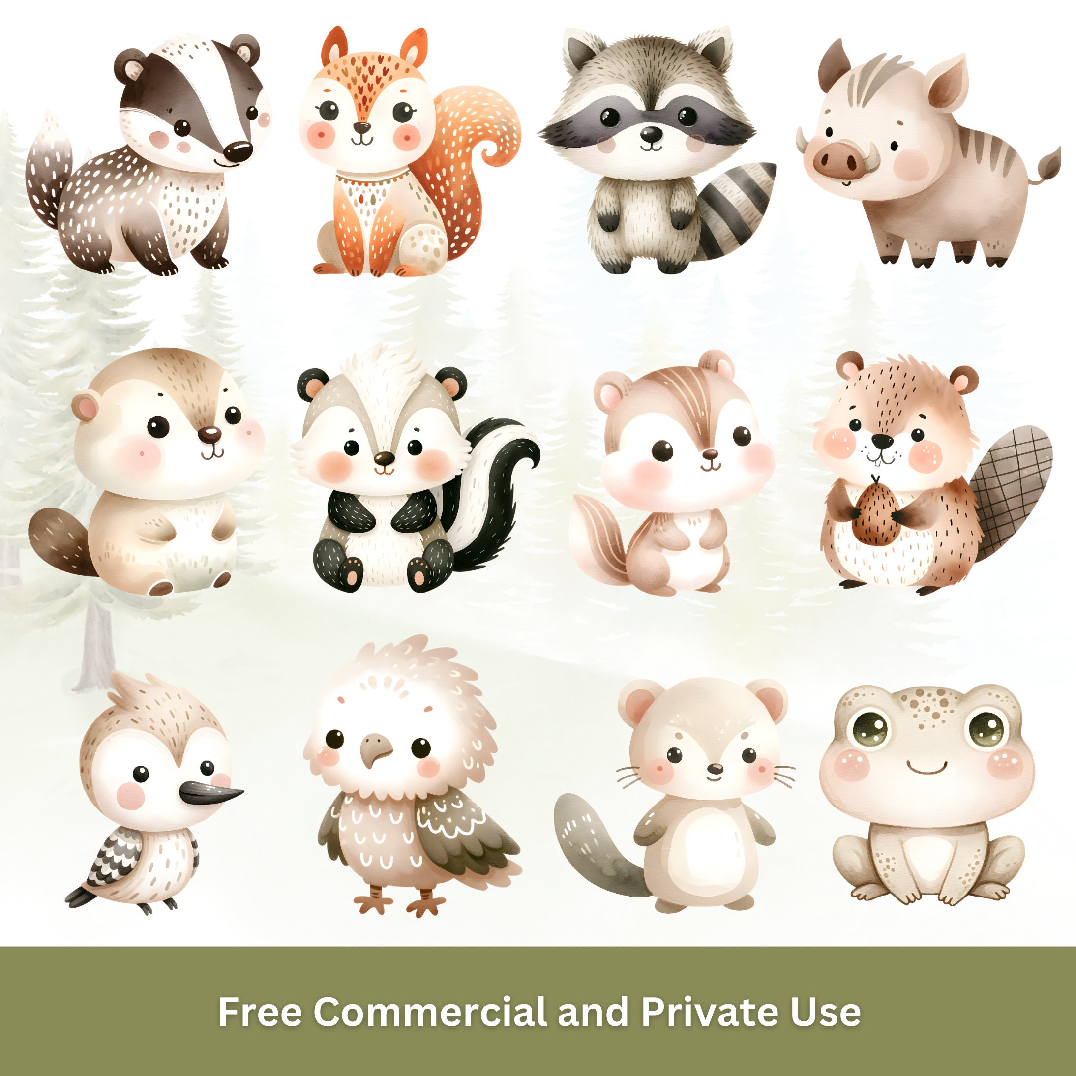 Woodland Watercolor Baby Animals PNG Bundle - Lovely Forest Animals ...