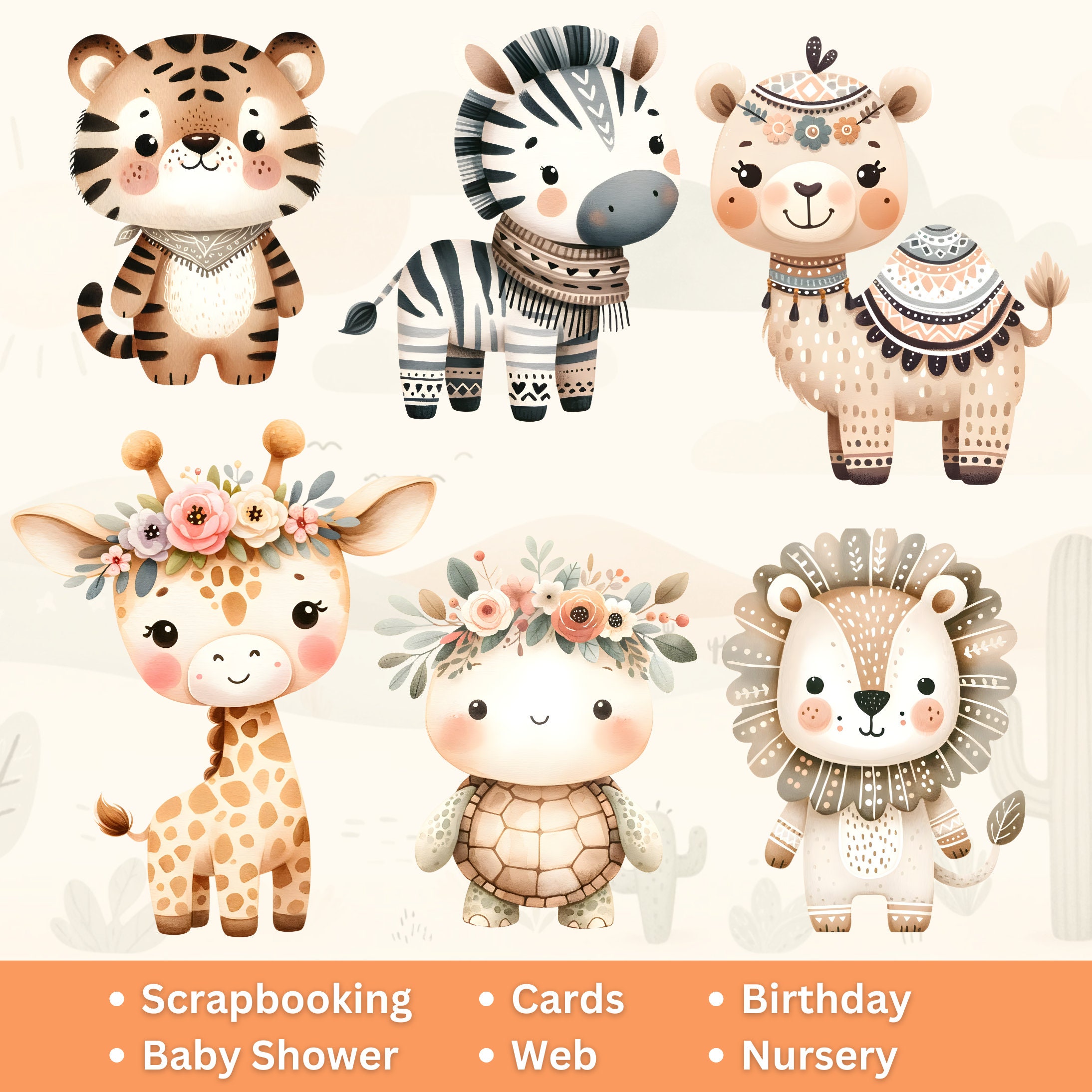 Boho Safari Baby Animals PNG Bundle Cute Watercolor Jungle Animals ...
