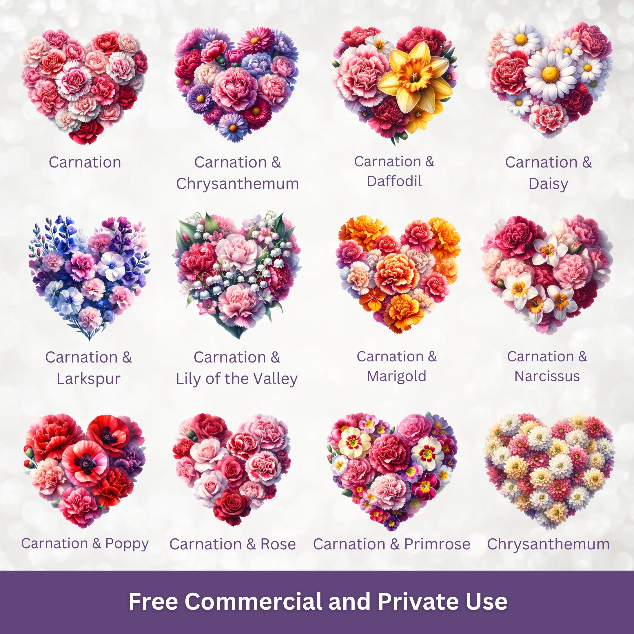 Birth Month Flower Heart PNG Clipart Bundle - Birth Month Flower ...