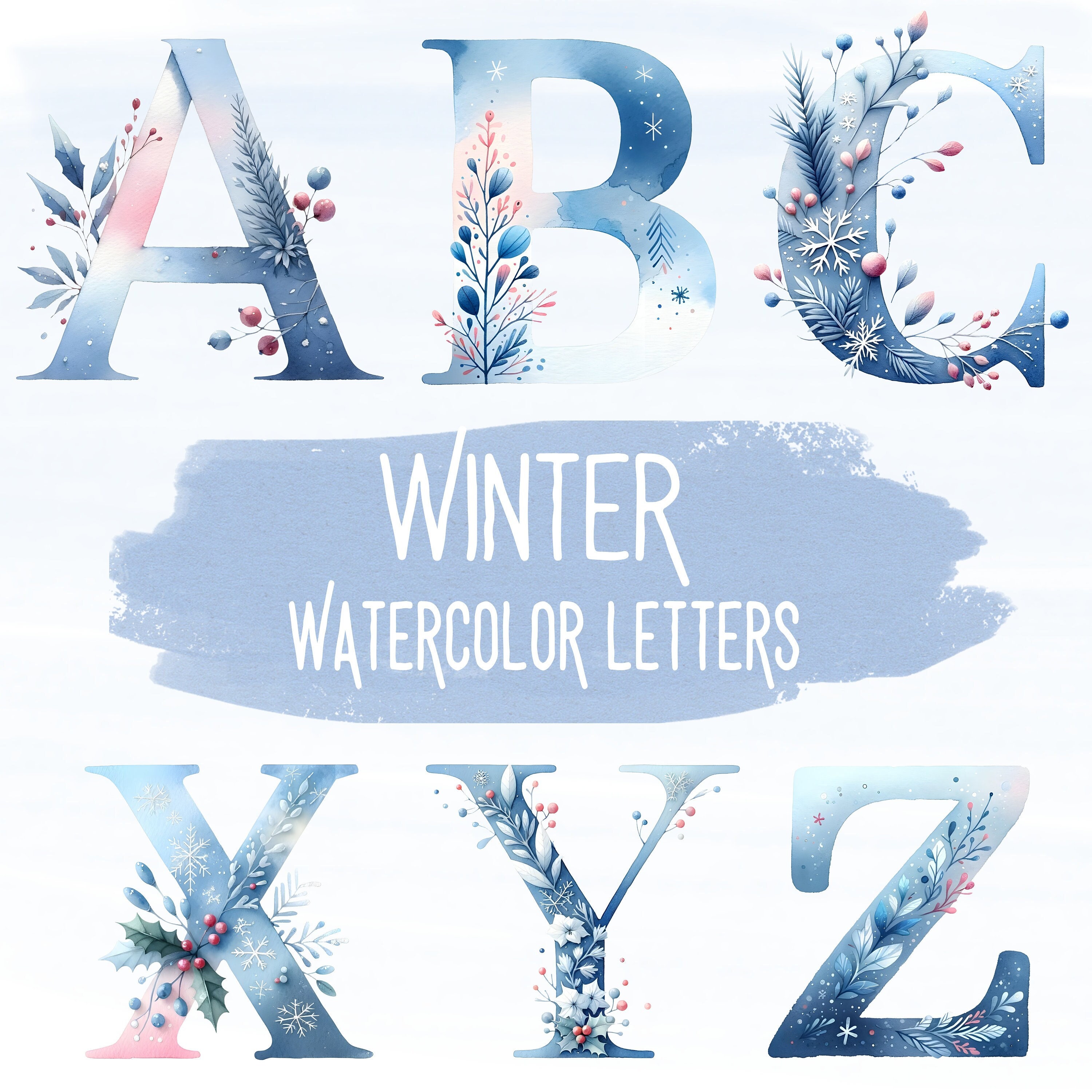 Watercolor Winter Alphabet Lettering Bundle - Downloadable Elegant Christmas Letters PNG ...
