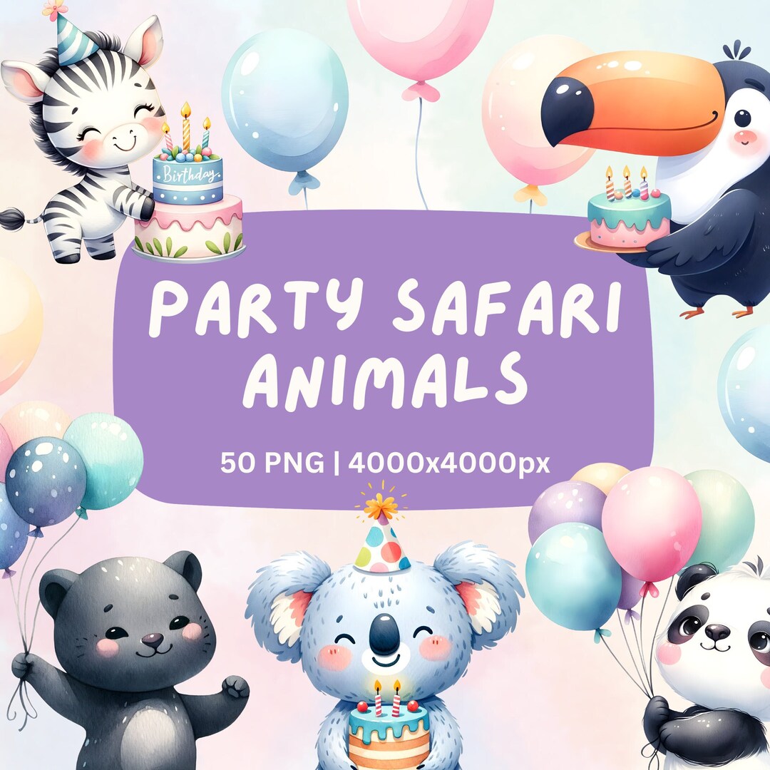 Safari Birthday Animals PNG Bundle - Watercolor Cute Jungle Party ...