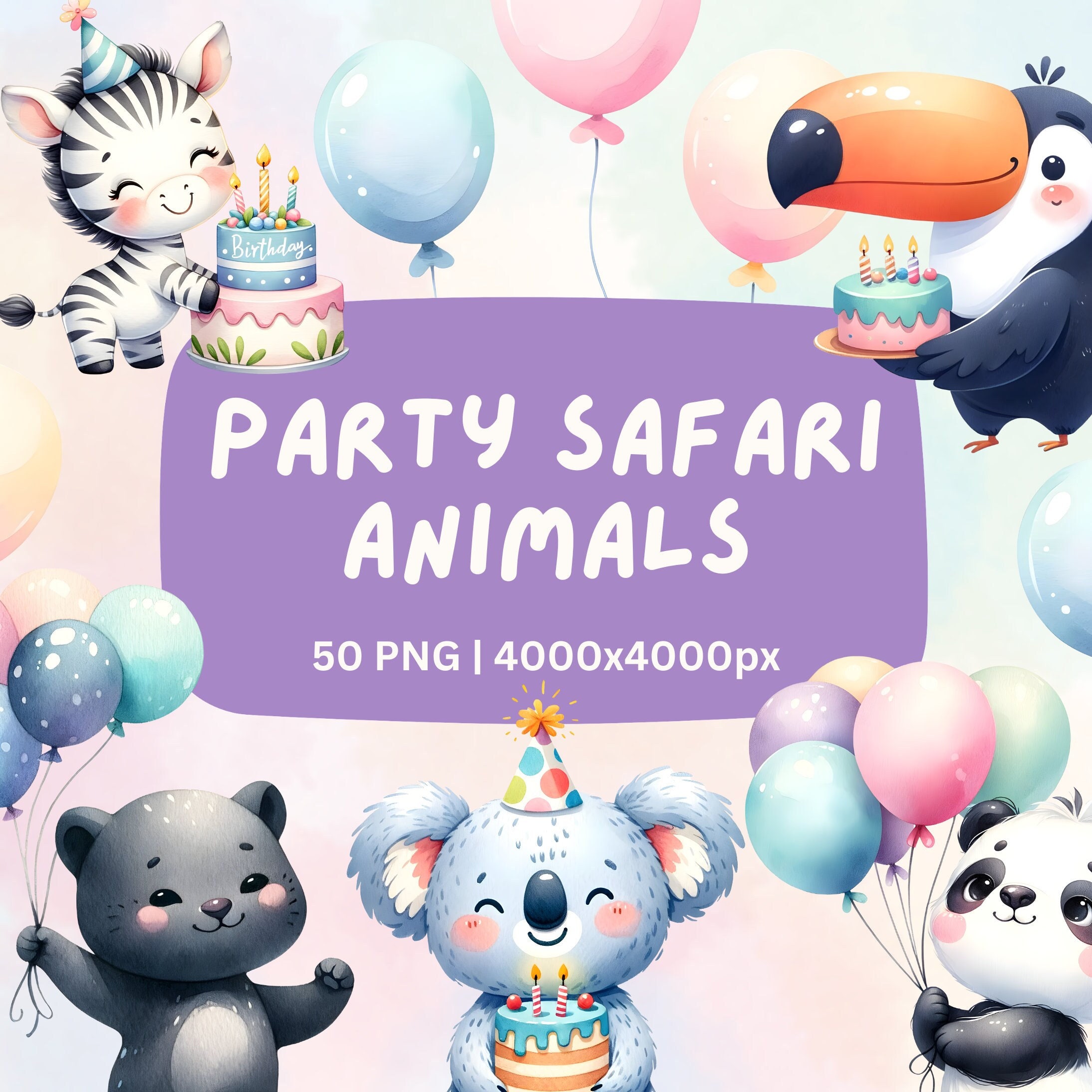 Safari Birthday Animals PNG Bundle - Watercolor Cute Jungle Party ...