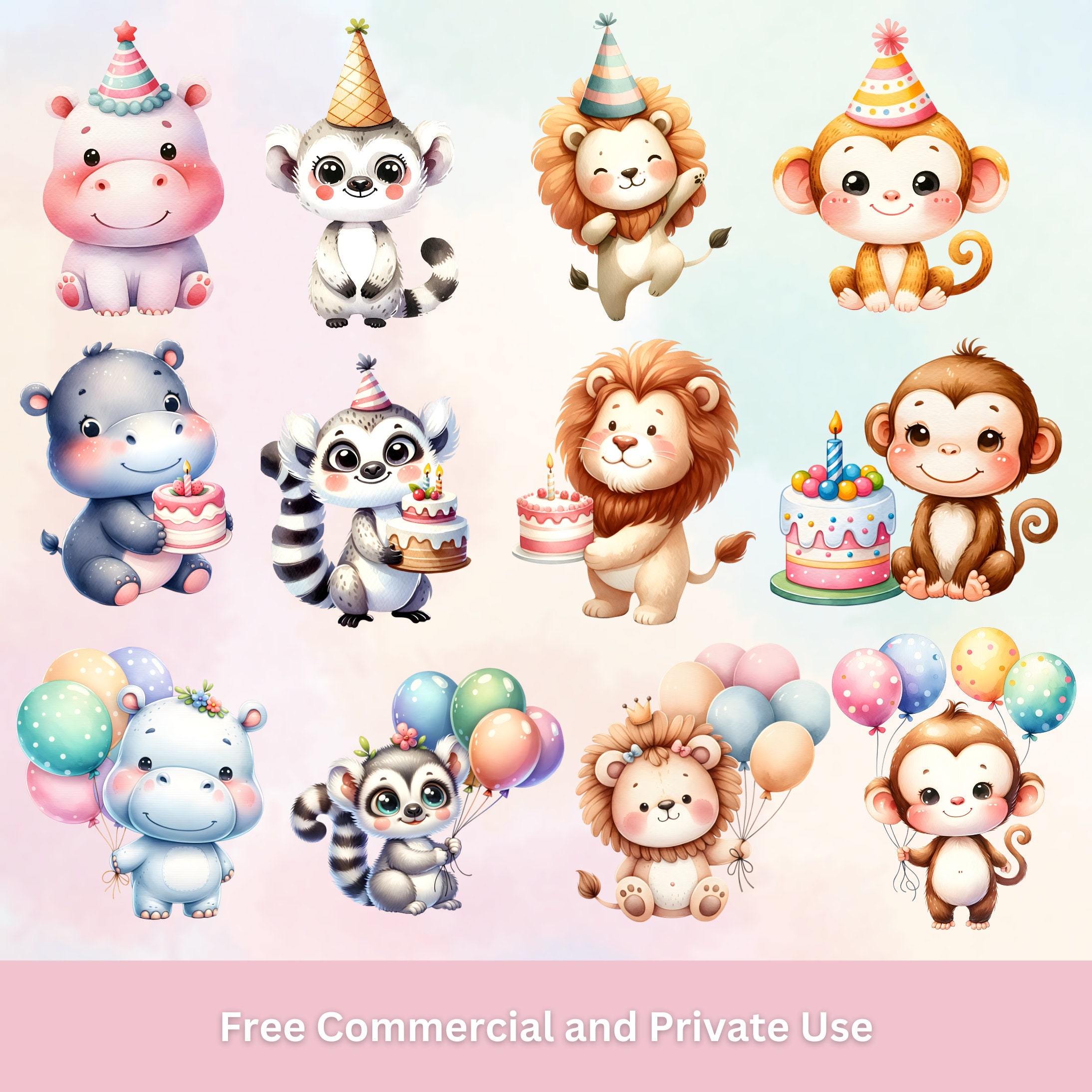 Safari Birthday Animals PNG Bundle - Watercolor Cute Jungle Party ...