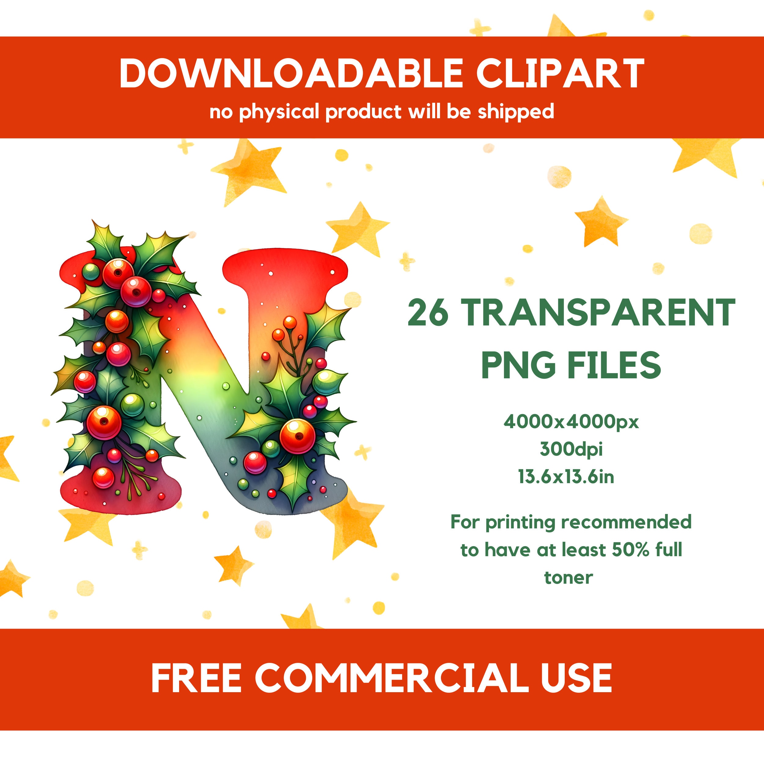 Christmas Watercolor Alphabet Clipart - Downloadable Decorative PNG ...