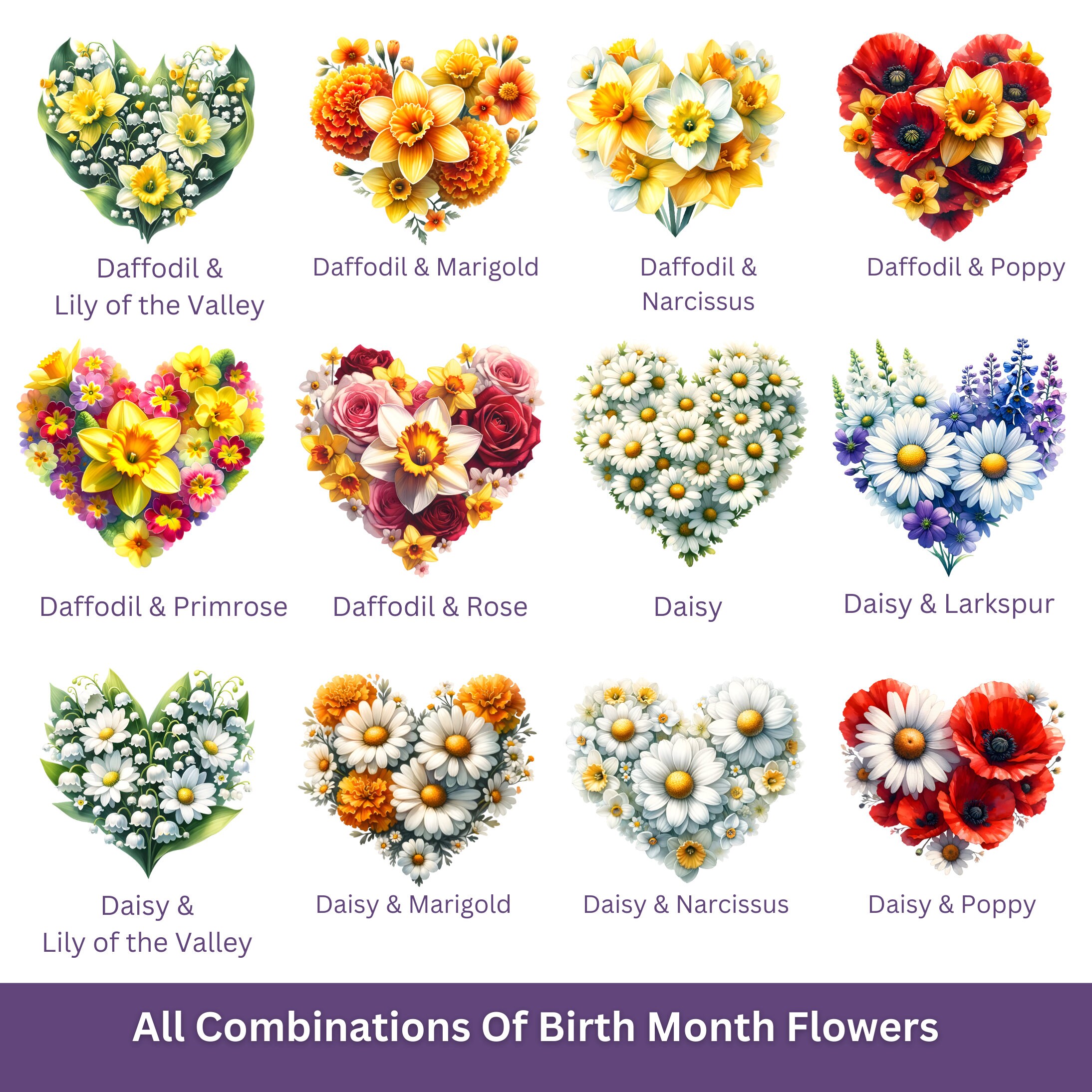 Birth Month Flower Heart PNG Clipart Bundle - Birth Month Flower ...