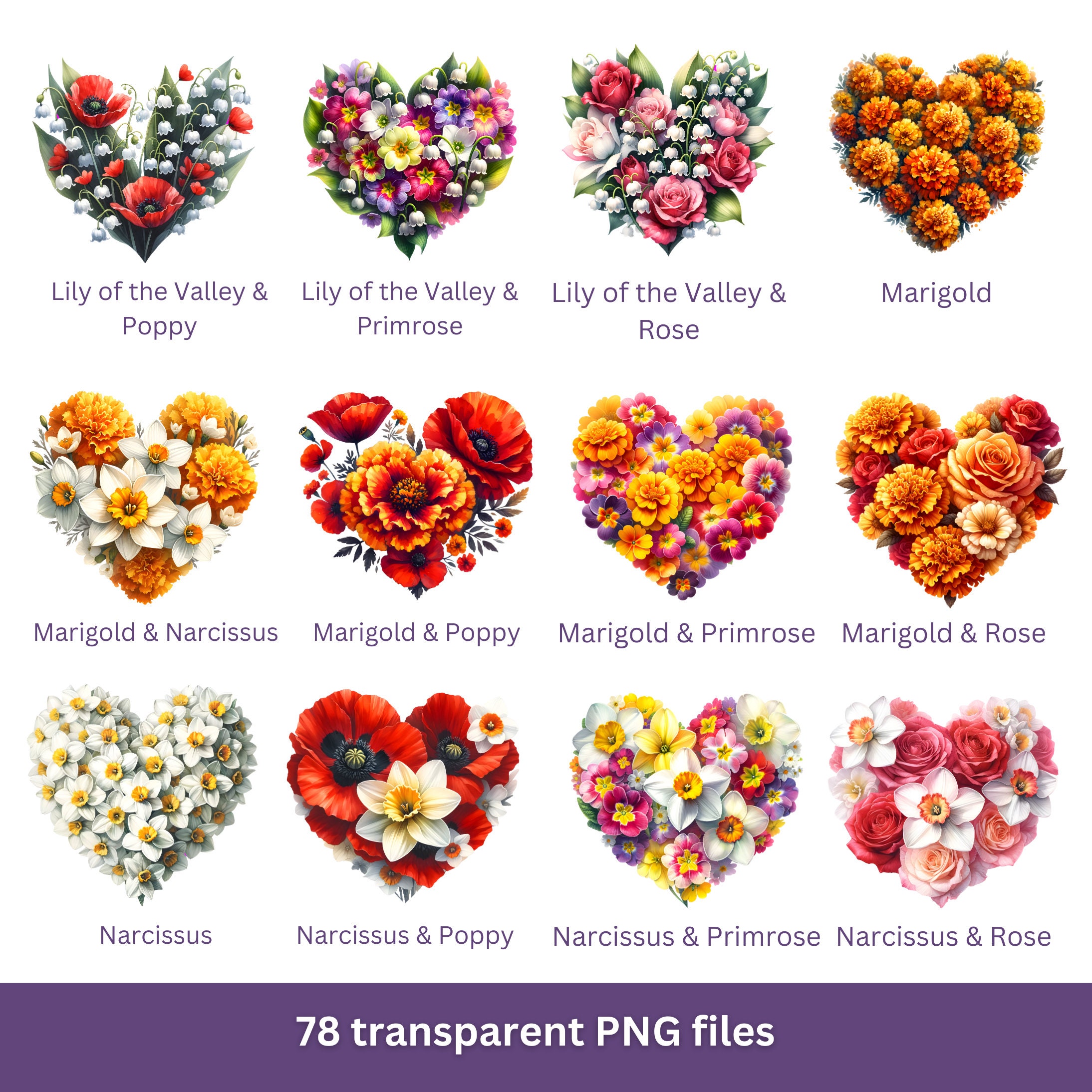 Birth Month Flower Heart PNG Clipart Bundle - Birth Month Flower ...