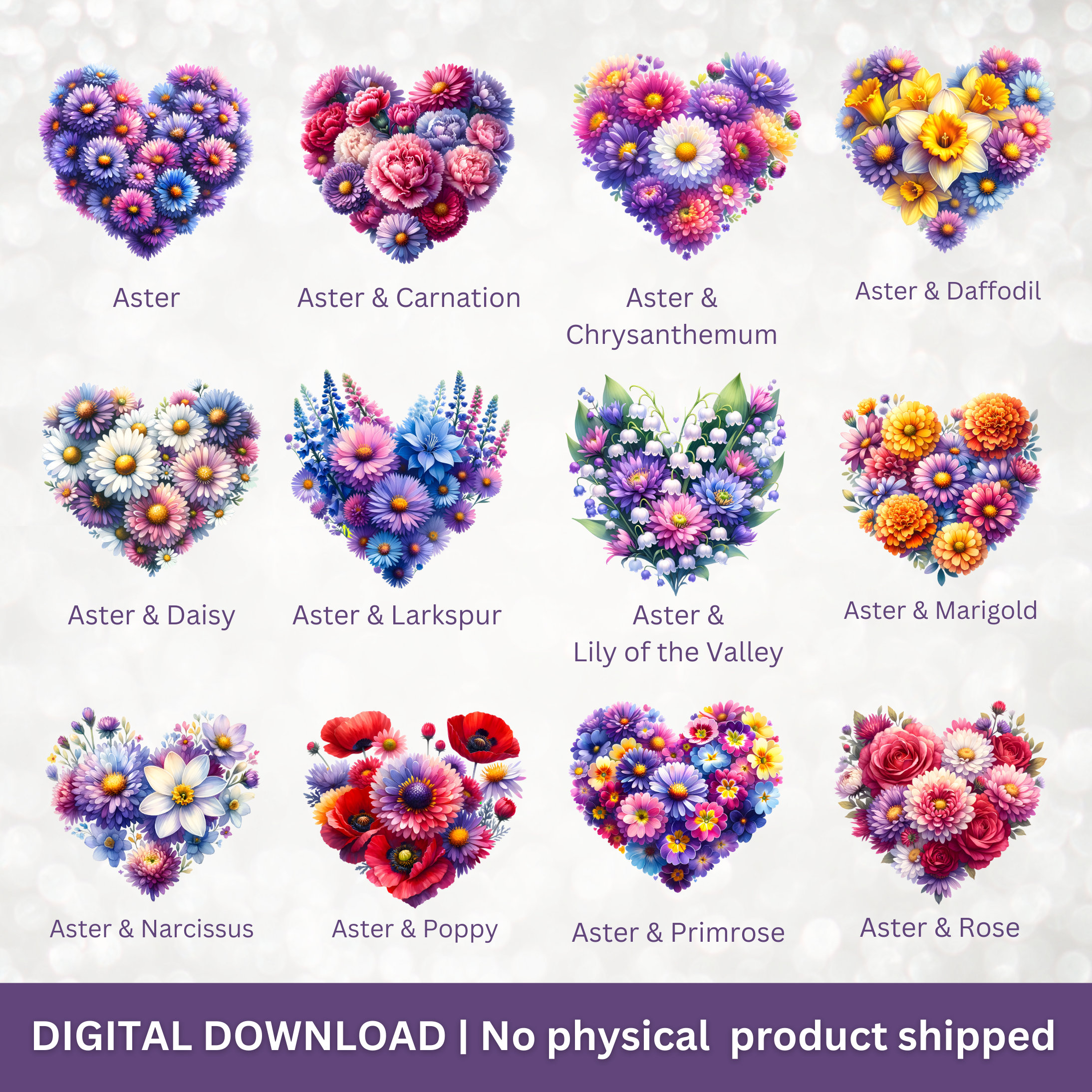 Birth Month Flower Heart PNG Clipart Bundle - Birth Month Flower ...