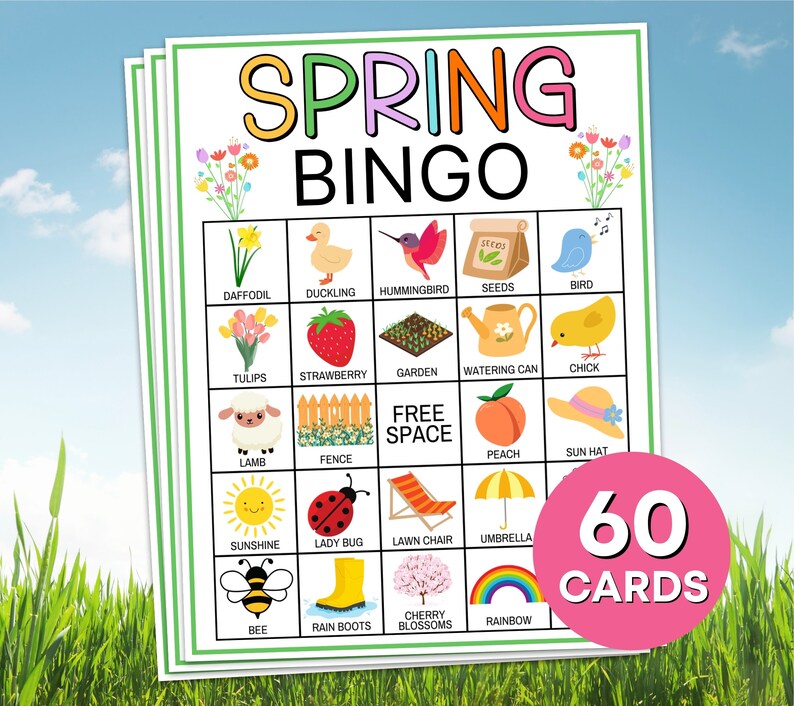 60 Spring Bingo Cards Printable Game, Spring Bingo Kids Classroom ...