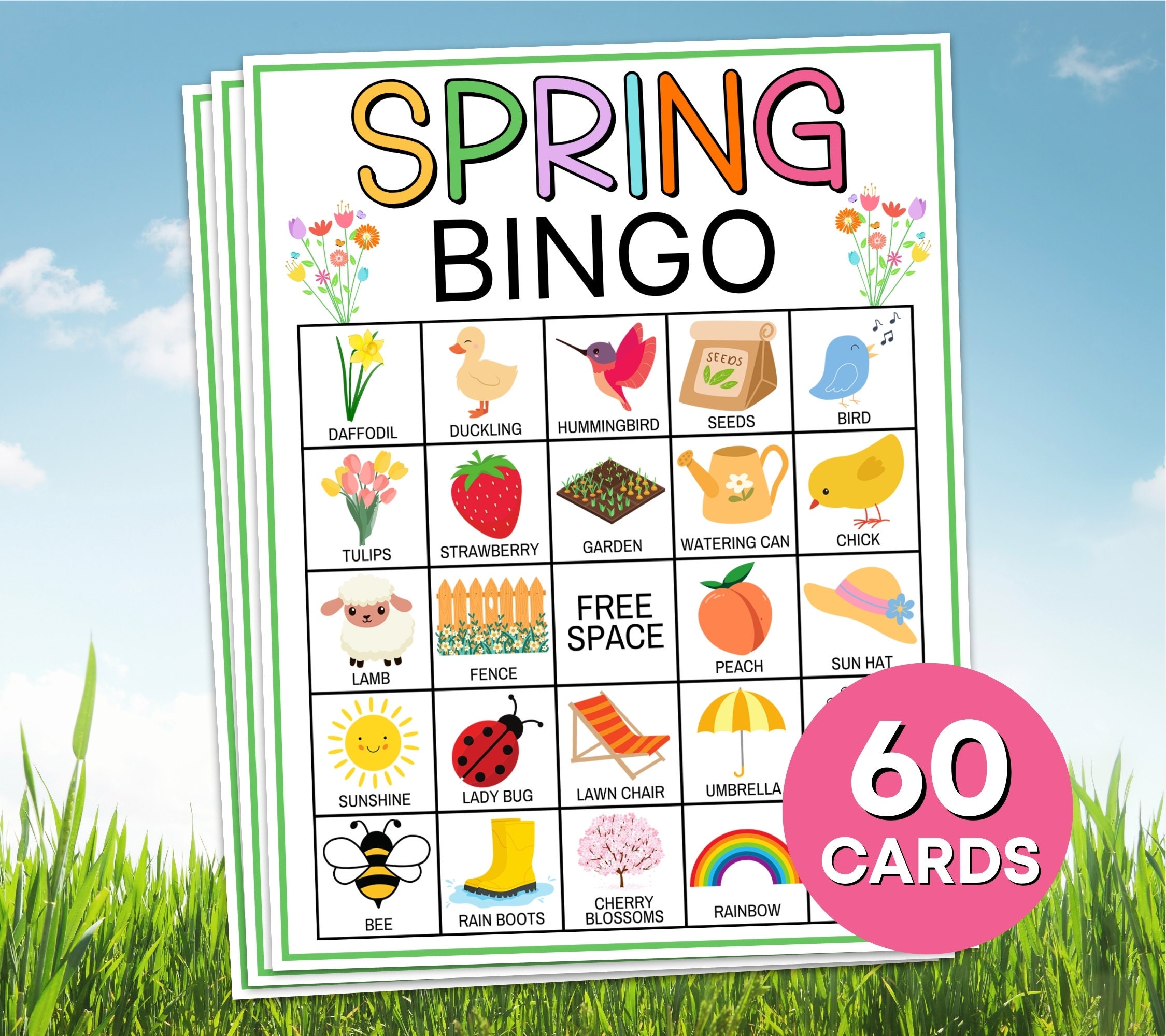 60 Spring Bingo Cards Printable Game, Spring Bingo Kids Classroom ...