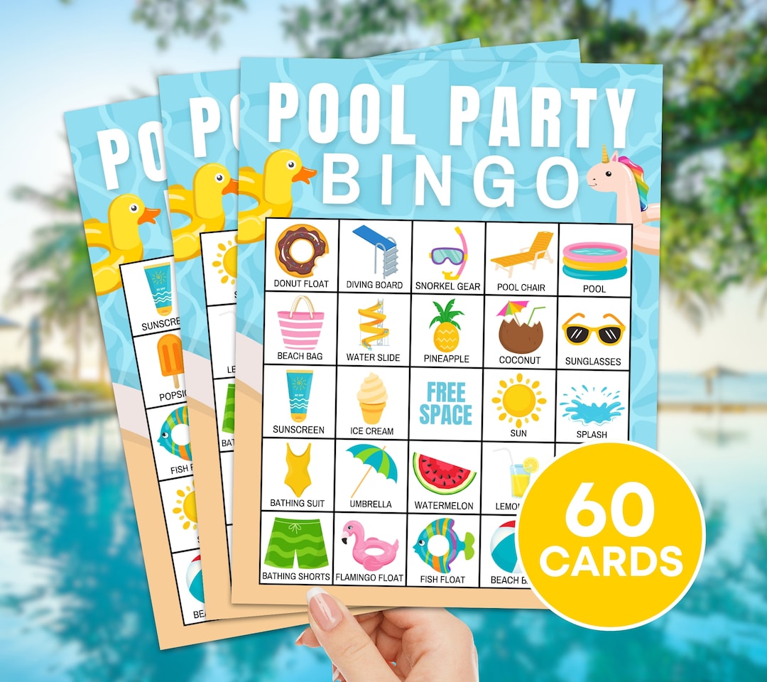 60 Pool Party Bingo Cards Printable Game, Summer Pool Party Birthday ...