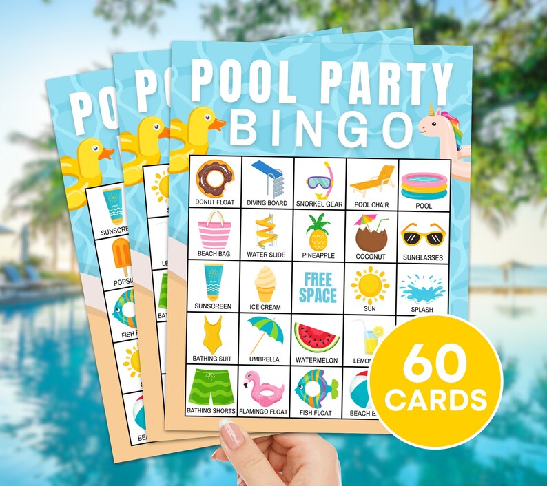 60 Pool Party Bingo Cards Printable Game, Summer Pool Party Birthday ...