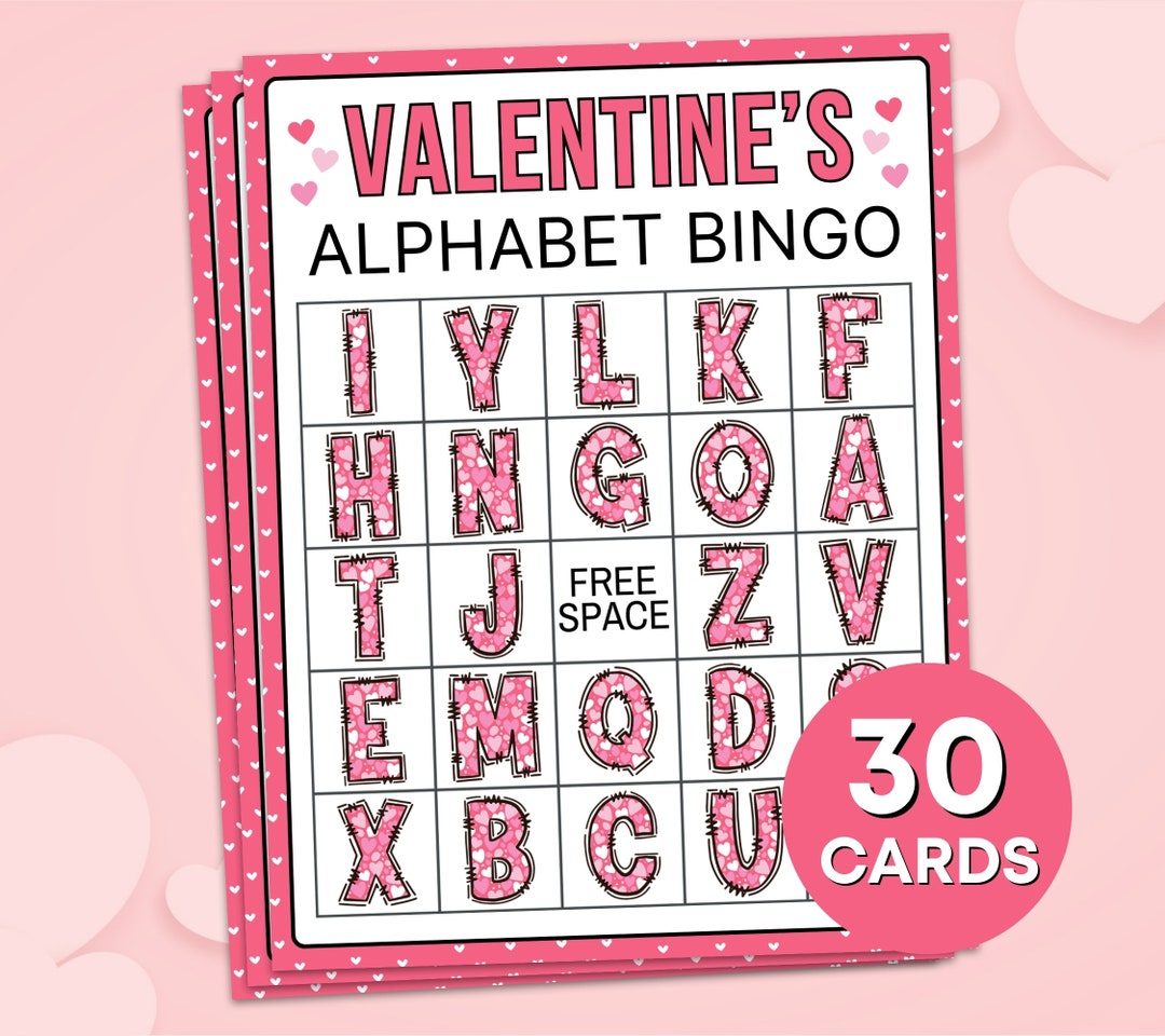 30 Valentines Alphabet Bingo Game Cards Printable, Valentine Classroom ...