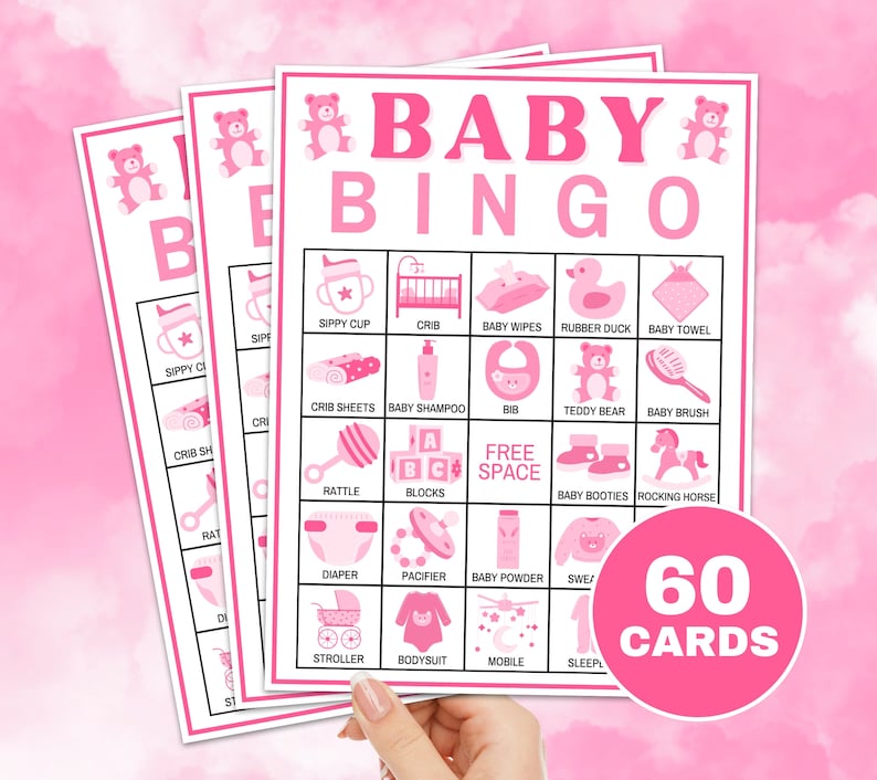 60 Baby Bingo Cards Printable Game, Baby Girl Shower Bingo Game Boards ...