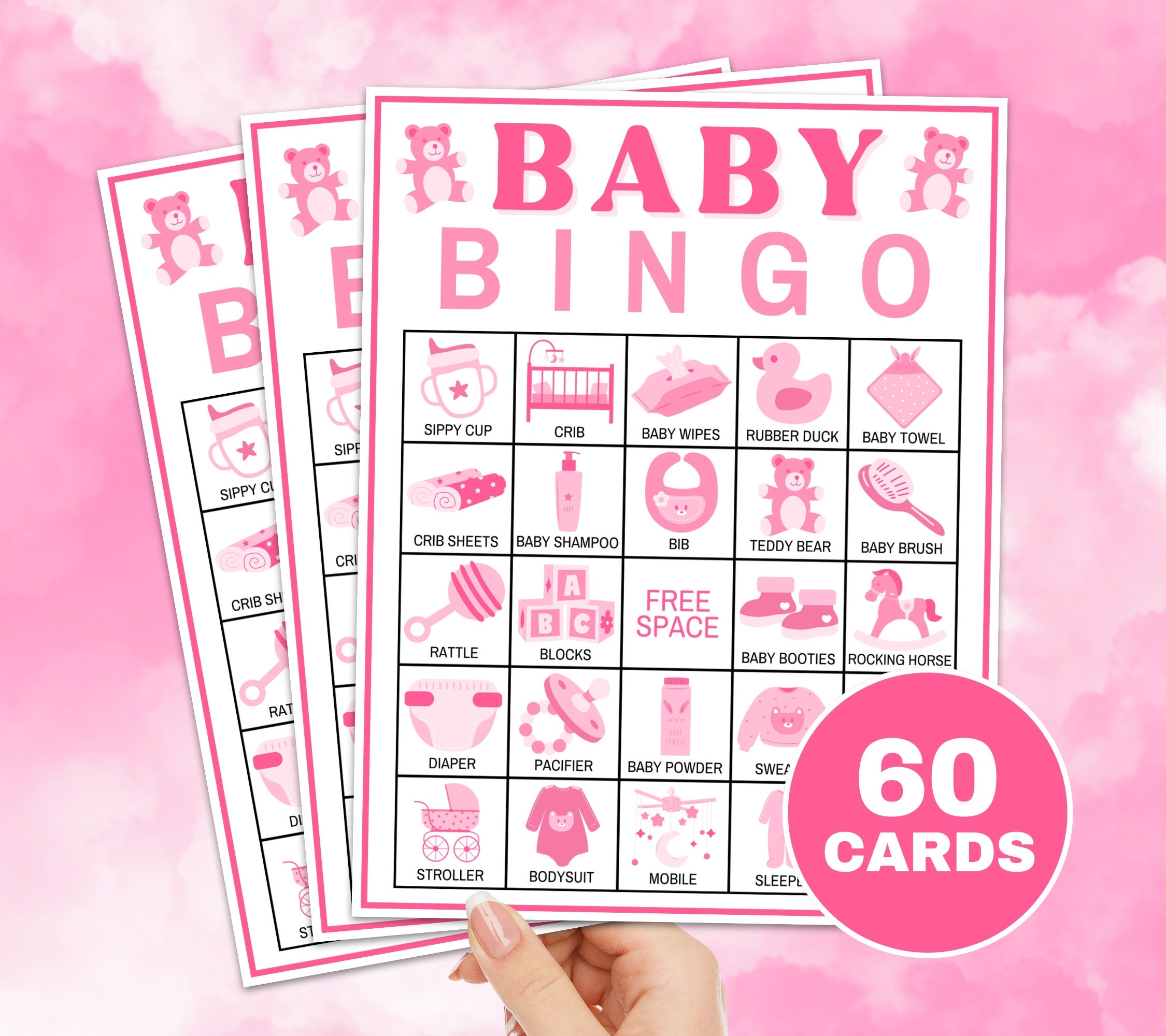 60 Baby Bingo Cards Printable Game, Baby Girl Shower Bingo Game Boards ...