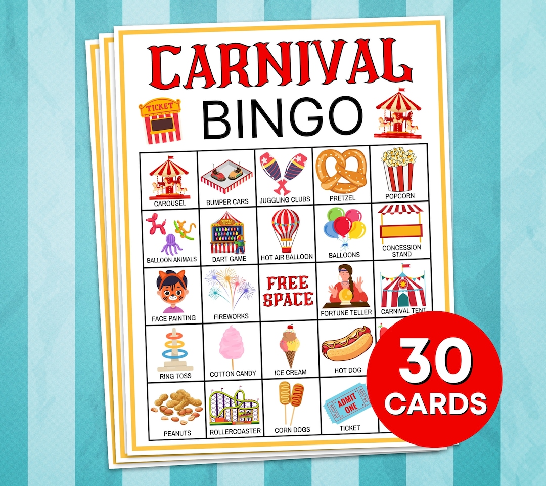 30 Carnival Bingo Cards Printable Game, Carnival Party Bingo Boards ...
