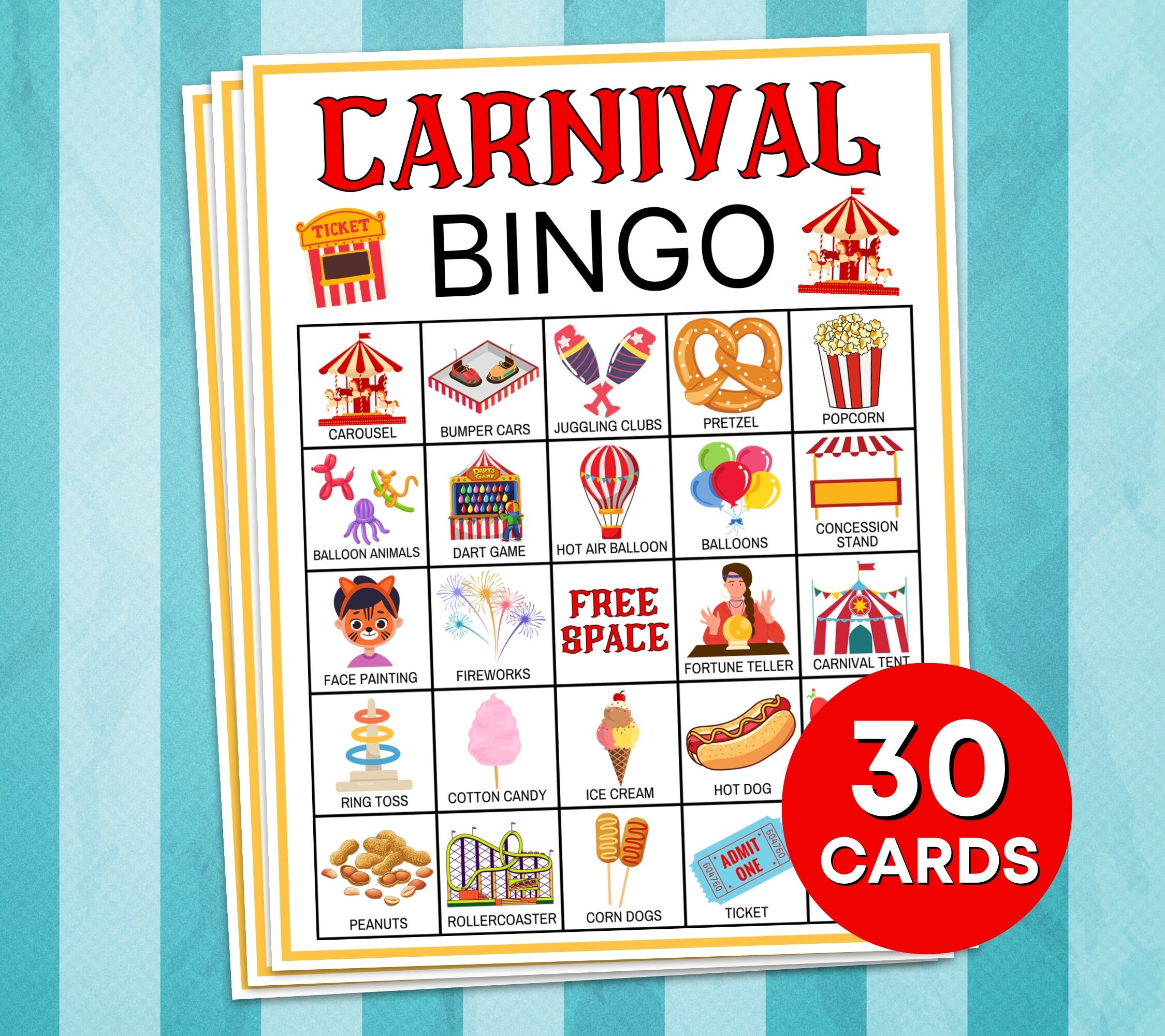 30 Carnival Bingo Cards Printable Game, Carnival Party Bingo Boards ...