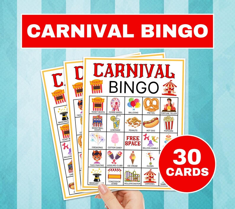30 Carnival Bingo Cards Printable Game, Carnival Party Bingo Boards ...