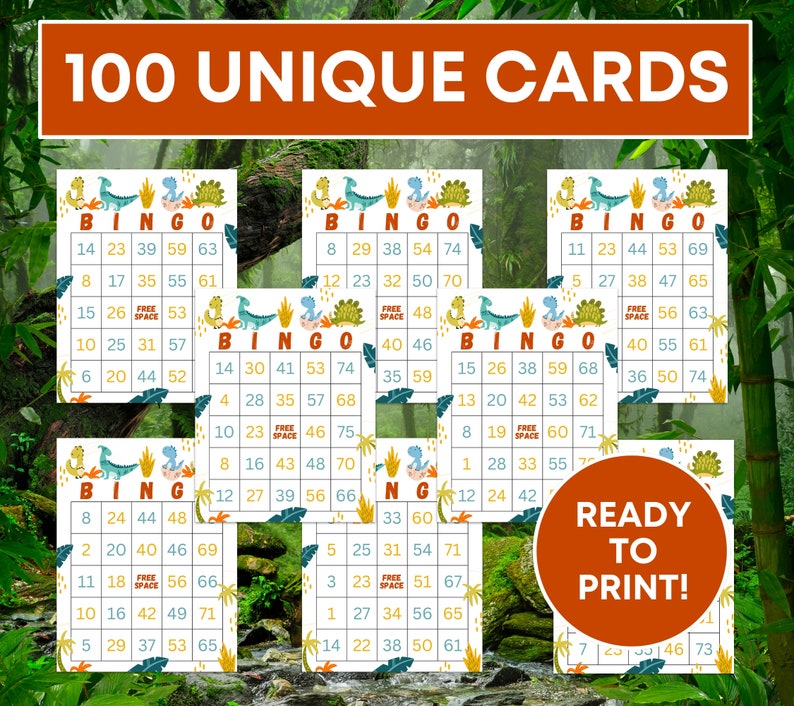 100 Dinosaur Bingo Cards Printable Game, Boy Dinosaur Birthday Party ...