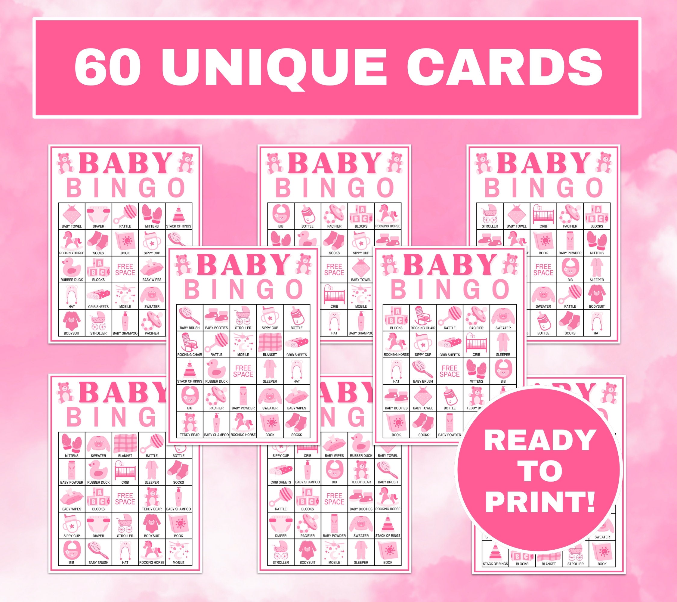 60 Baby Bingo Cards Printable Game, Baby Girl Shower Bingo Game Boards ...