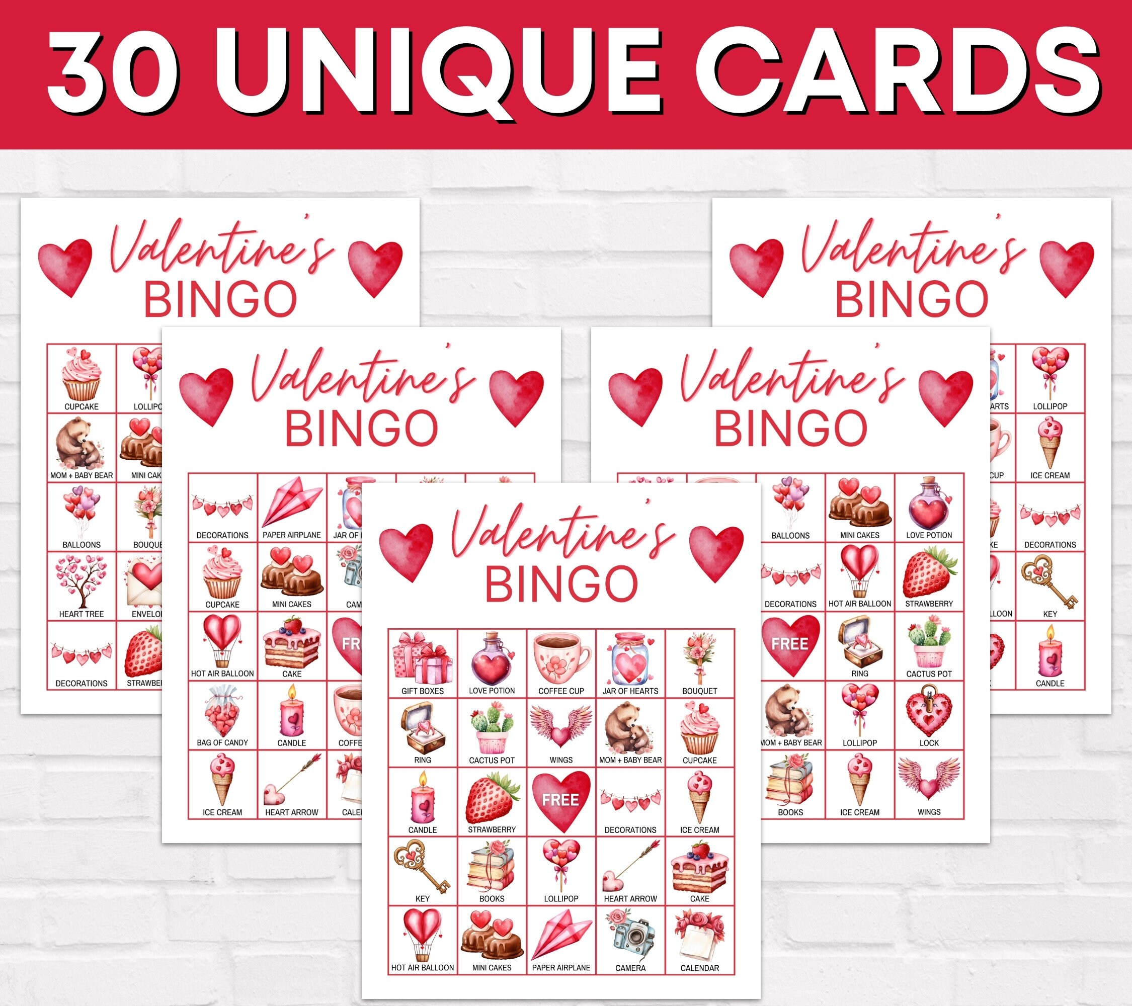 30 Valentines Bingo Game Cards Printable, Valentine's Day Bingo Cards ...
