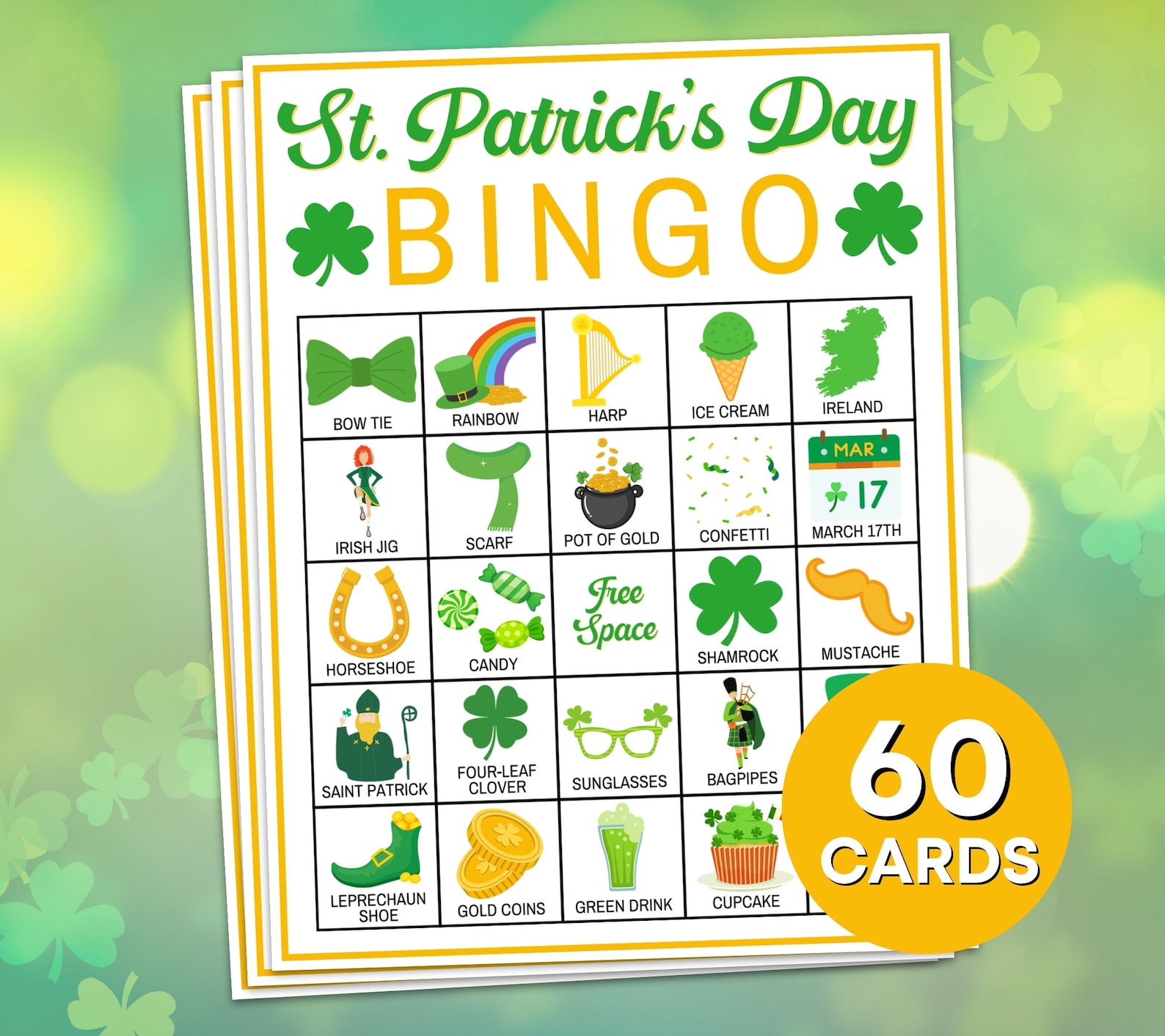 60 St Patricks Day Bingo Cards Game Printable, St Patrick Bingo Board ...