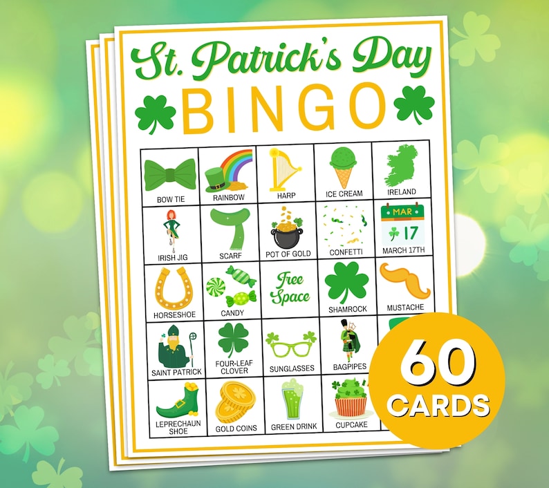 60 St Patricks Day Bingo Cards Game Printable, St Patrick Bingo Board ...