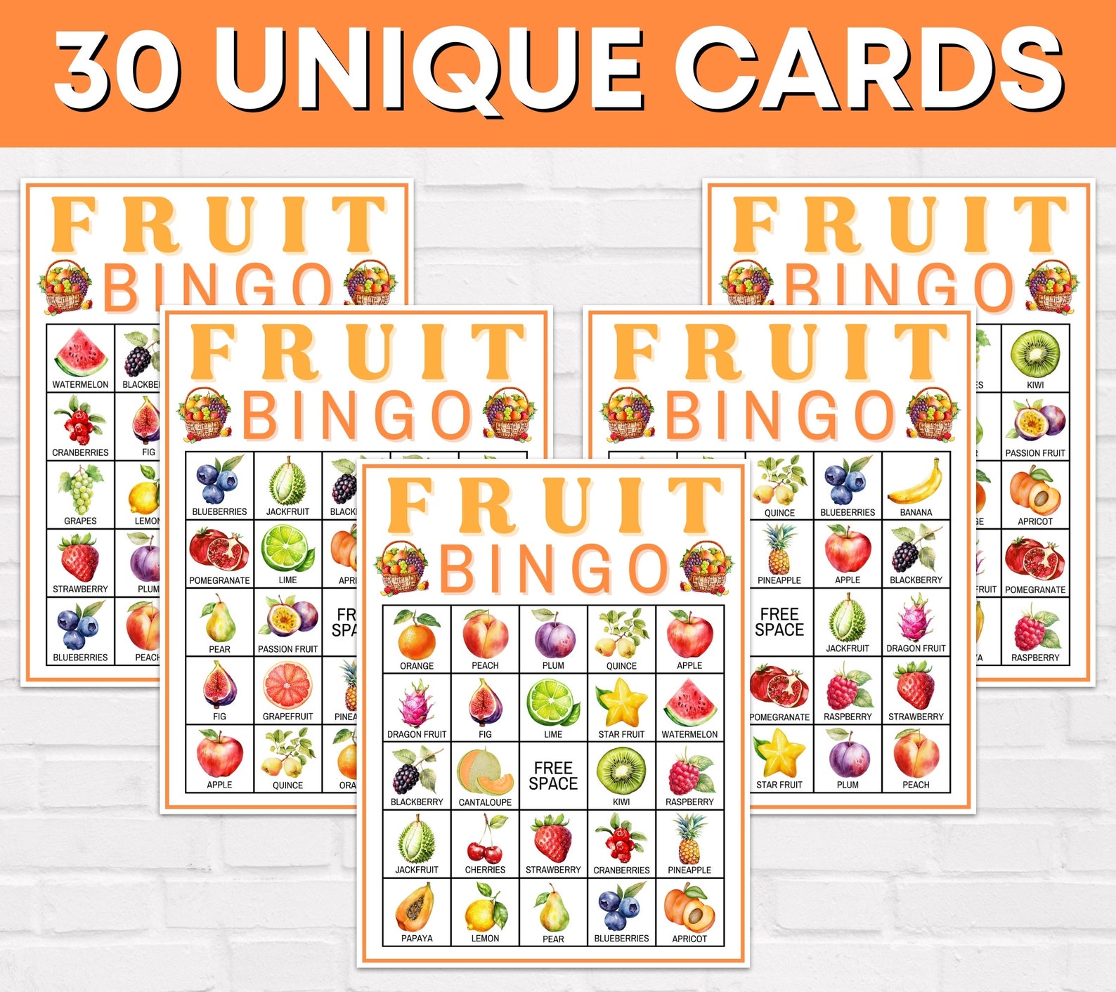 30 Fruit Bingo Cards Printable Game, Fruit Bingo Boards Game, Fruit ...