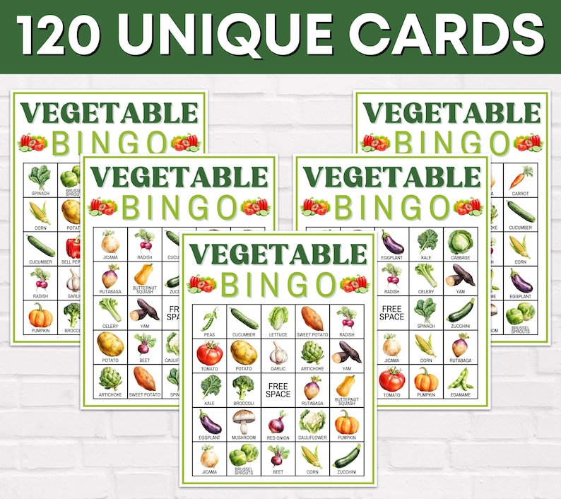 120 Vegetable Bingo Cards Printable Game, Vegetable Bingo Boards ...