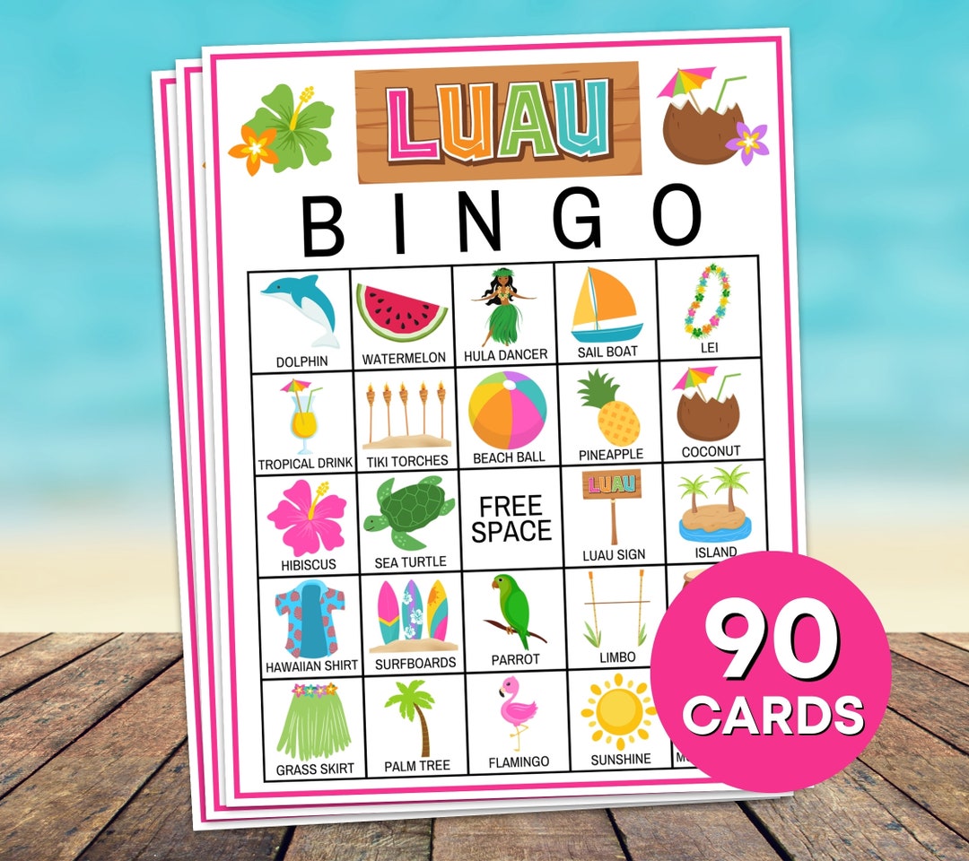 90 Luau Bingo Cards Printable Game, Aloha Hawaiian Birthday Party Bingo ...