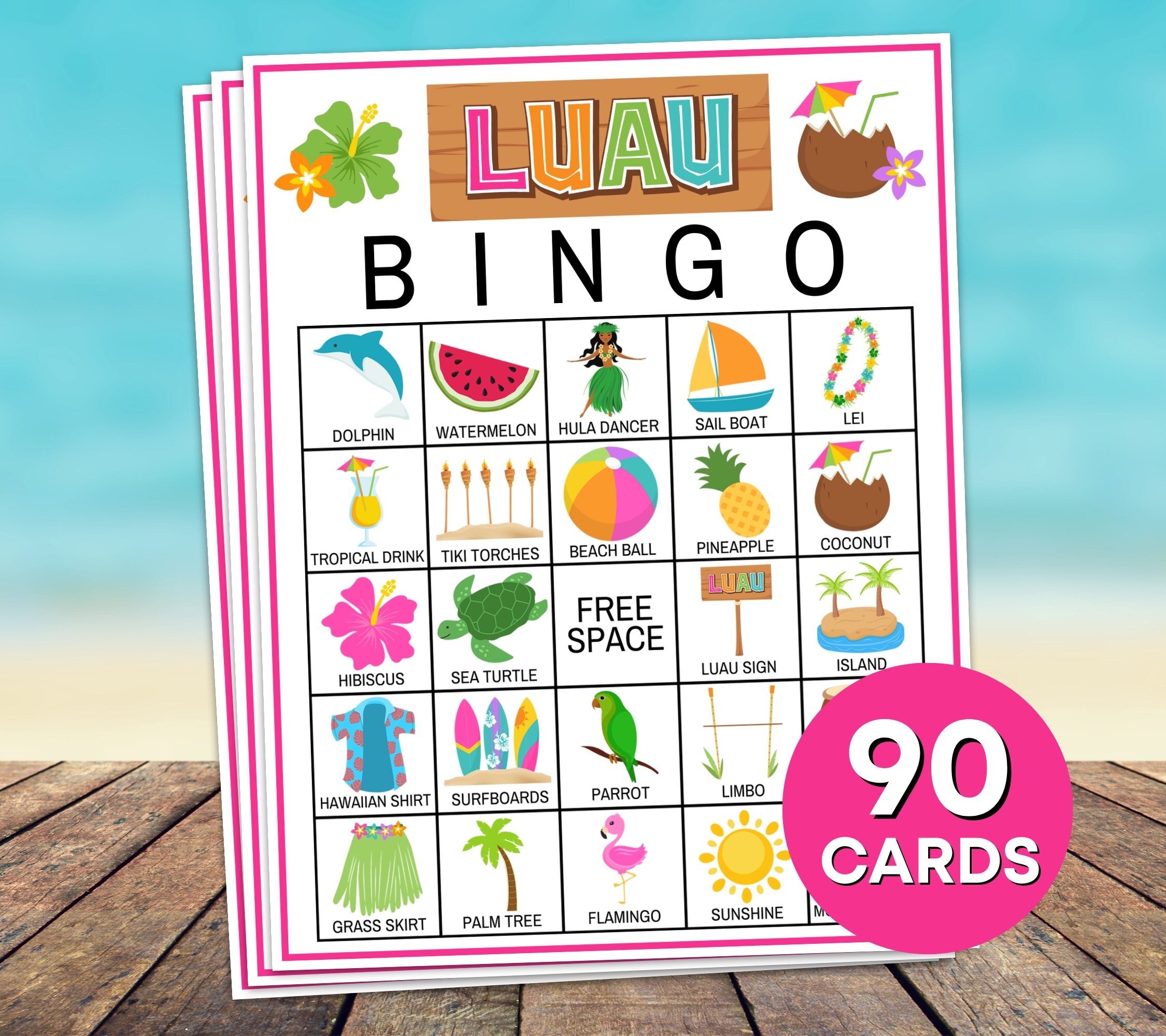90 Luau Bingo Cards Printable Game, Aloha Hawaiian Birthday Party Bingo ...