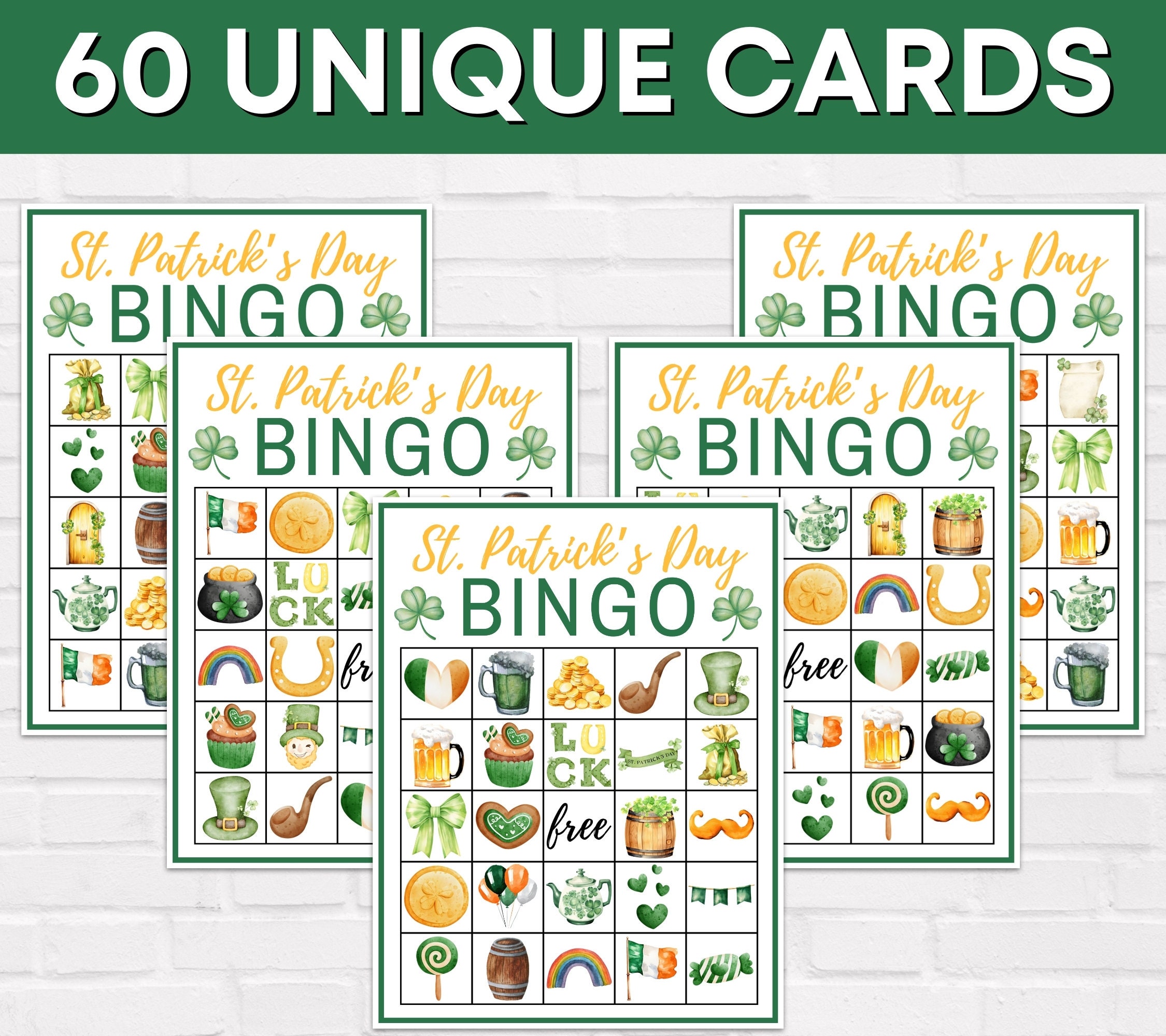 60 St Patricks Day Bingo Cards Game Printable, St Patrick Bingo Board ...