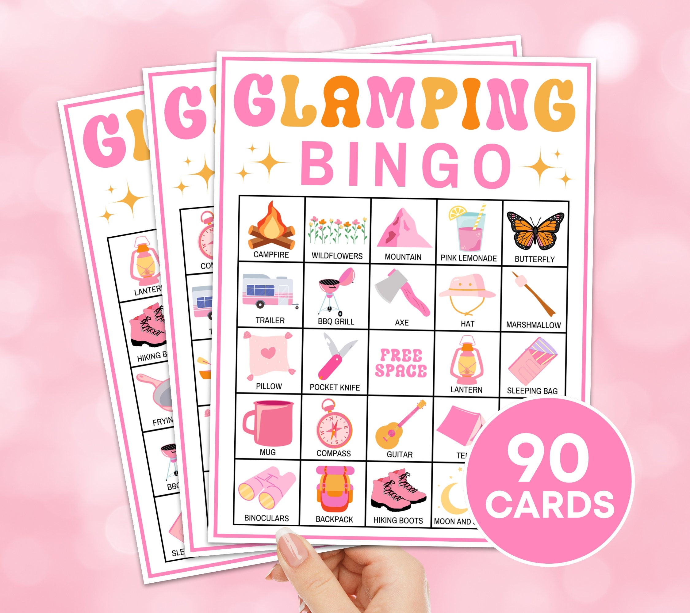 90 Glamping Bingo Cards Printable Game, Girls Camping Party Bingo Game ...