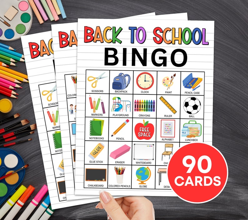 90 Back to School Bingo Cards Printable Game, First Day of School Bingo ...