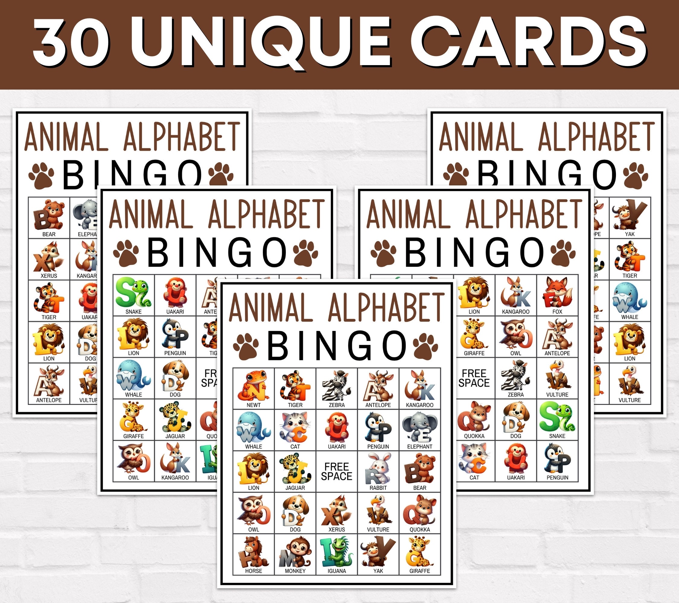 30 Animal Alphabet Bingo Cards Game, Animal Alphabet Bingo Boards for ...