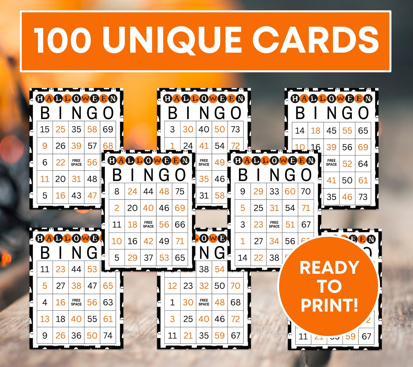100 Halloween Bingo Cards Printable Game,halloween Fall Bingo Boards ...