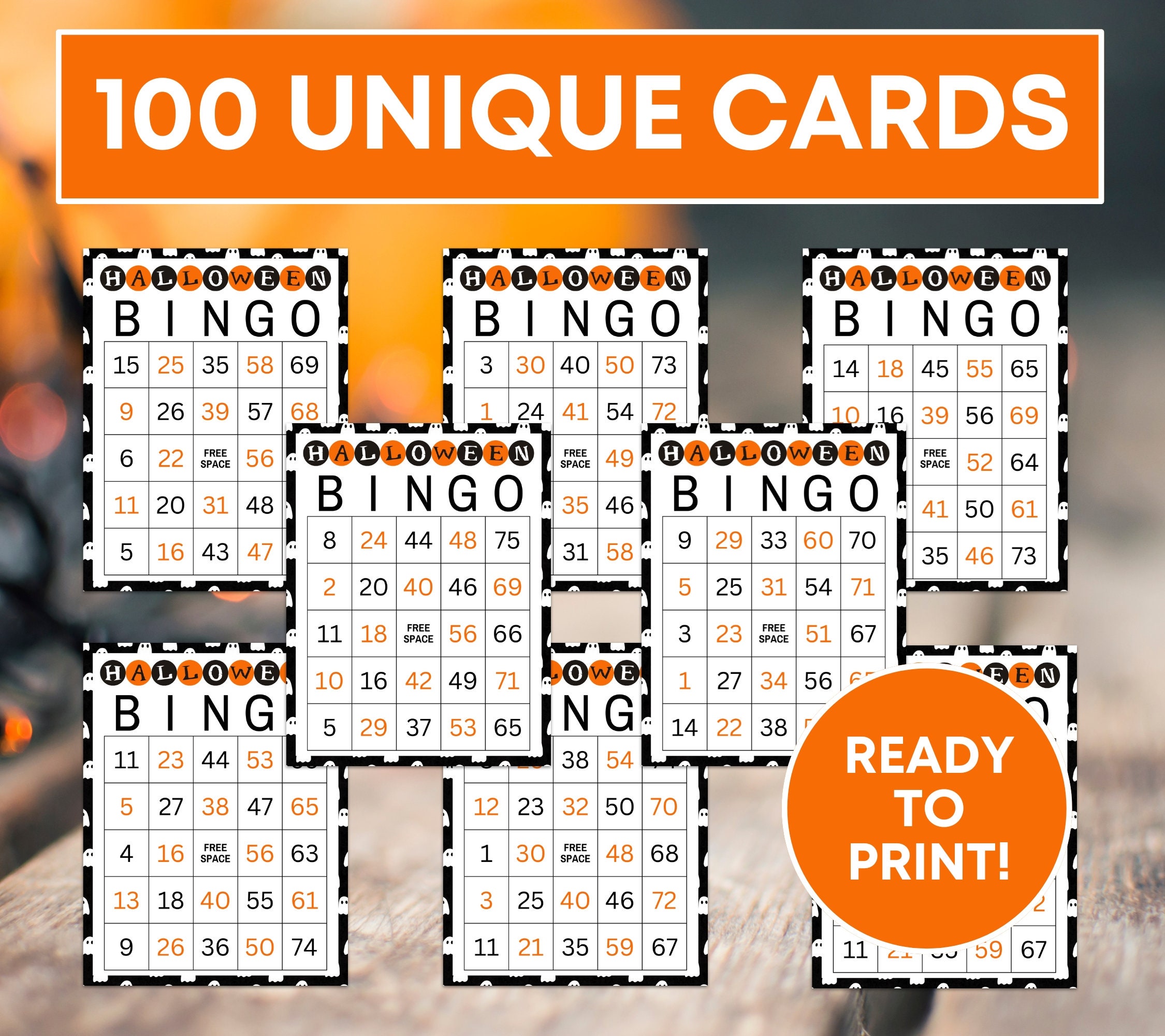 100 Halloween Bingo Cards Printable Game,halloween Fall Bingo Boards ...