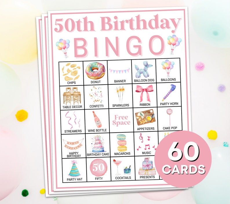 60 50th Birthday Bingo Cards Printable Game, 50th Birthday Party Bingo Board Game, Womens ...