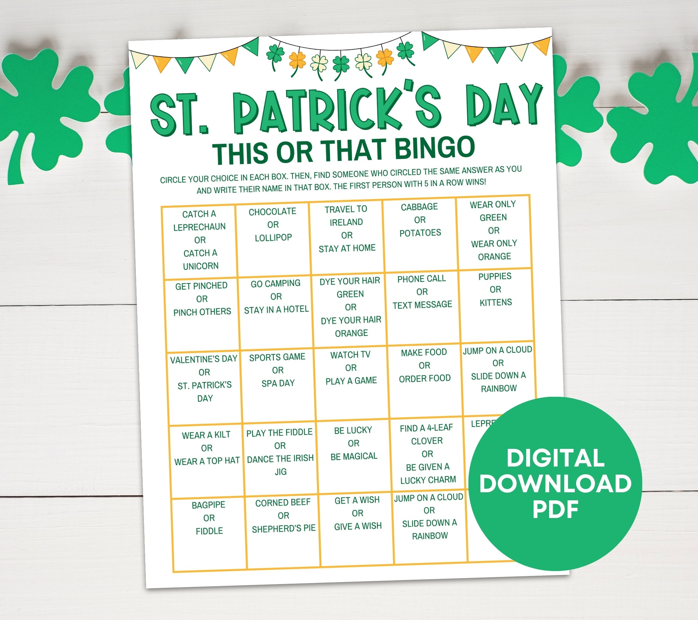 St Patrick's Day This or That Bingo Game, St Patricks Day Party Mingle ...