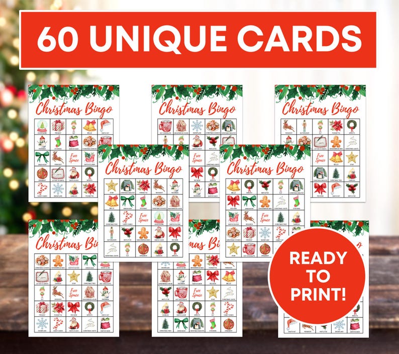 60 Christmas Bingo Card Printable Game,christmas Bingo Board,christmas ...