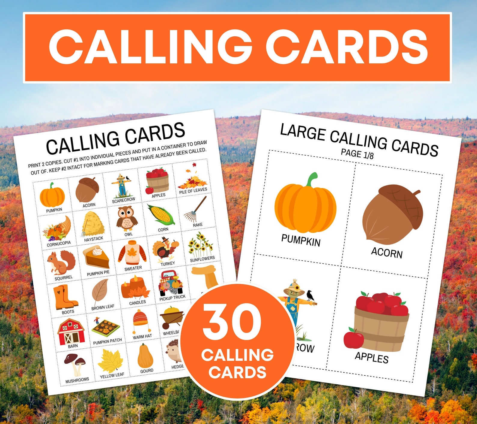 60 Fall Bingo Cards Printable Game, Fall Autumn Bingo Boards, Fall ...