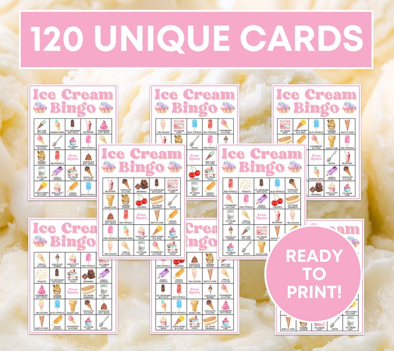 120 Ice Cream Bingo Cards Printable Game, Ice Cream Birthday Party ...