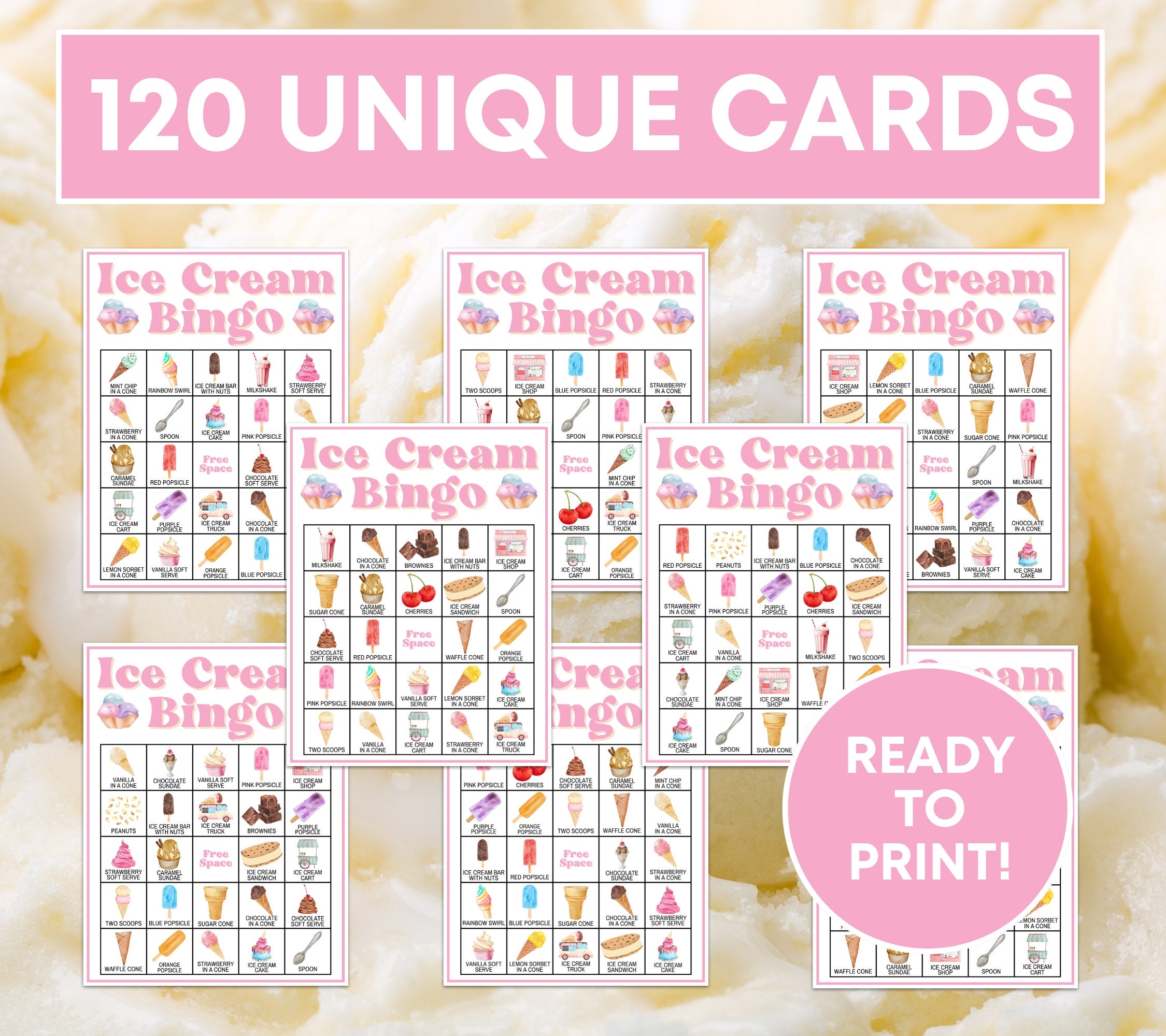 120 Ice Cream Bingo Cards Printable Game, Ice Cream Birthday Party ...