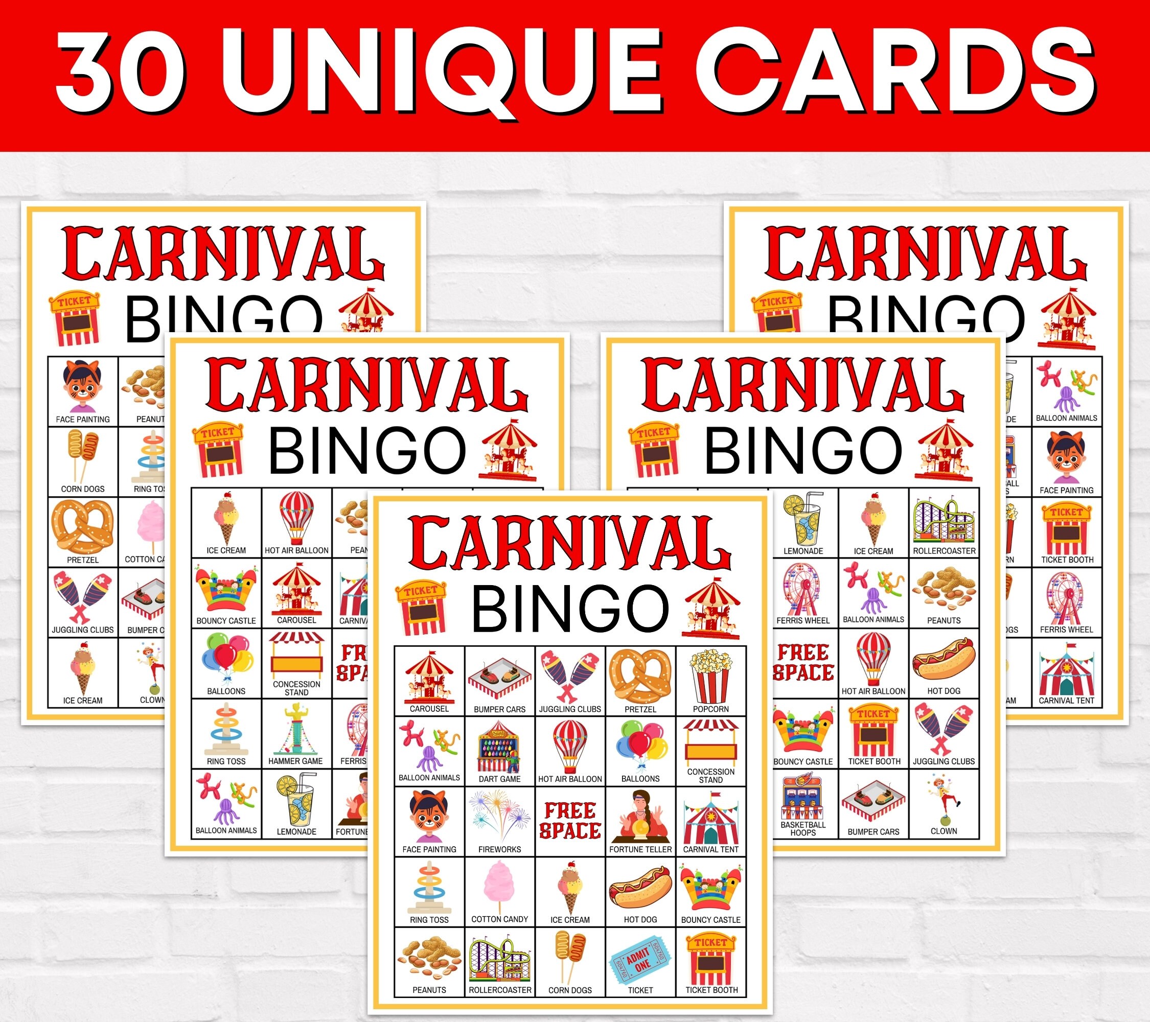 30 Carnival Bingo Cards Printable Game, Carnival Party Bingo Boards ...